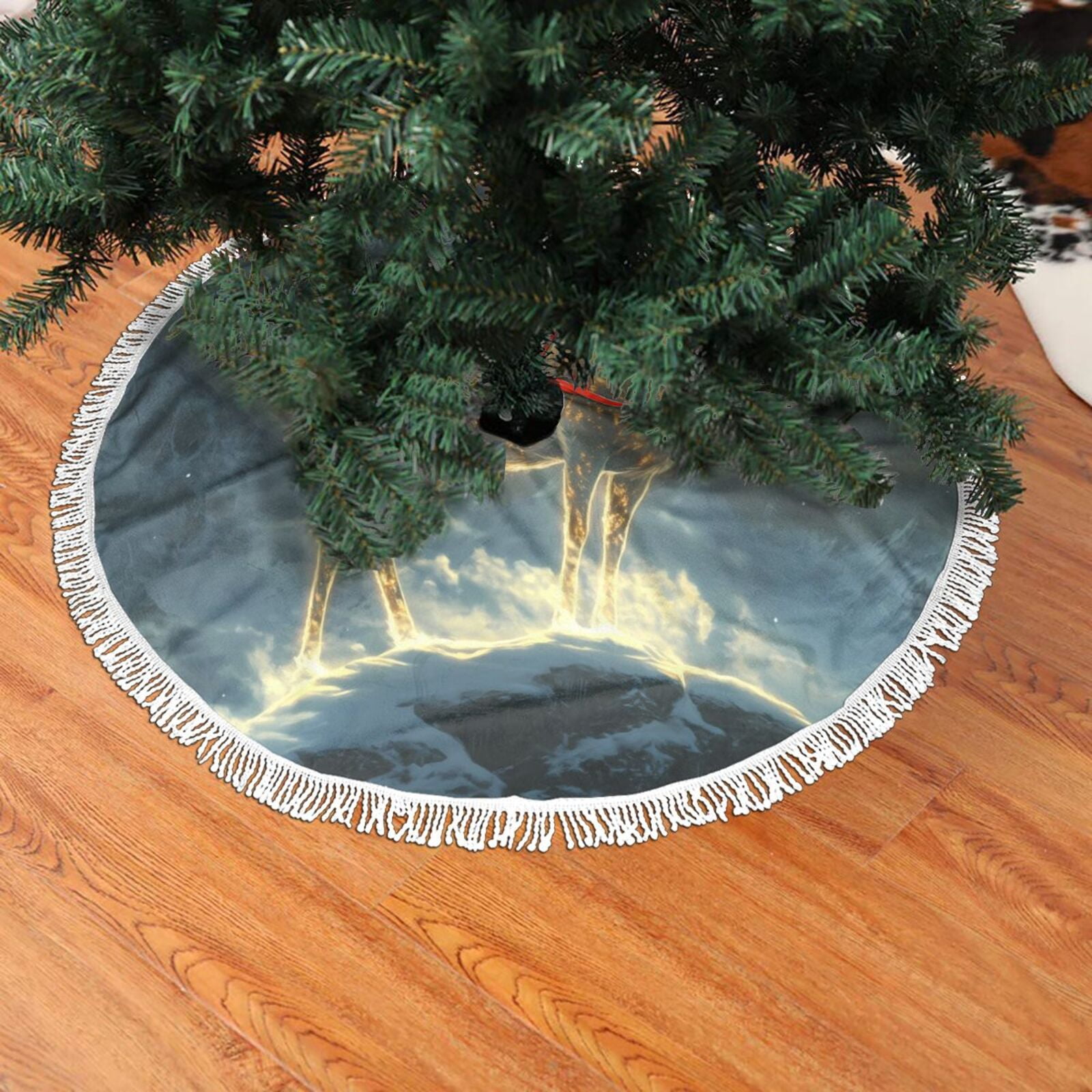 Christmas Tree Skirt, Snow Mountain Golden Light Deer Christmas Tree ...