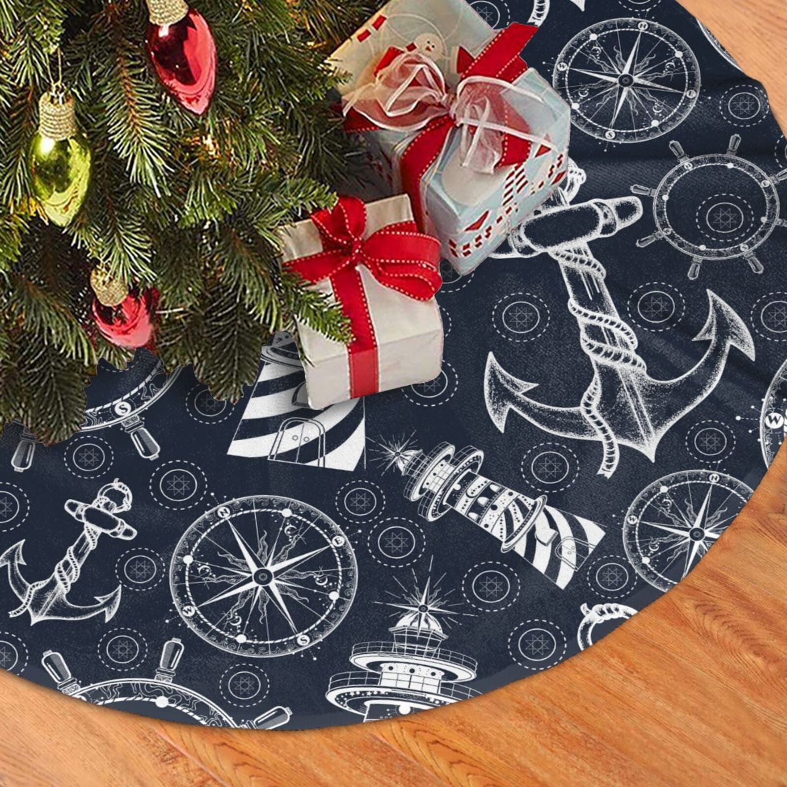 Christmas Tree Skirt with Tie Straps Anchor and Lighthouse Tree Skirt ...