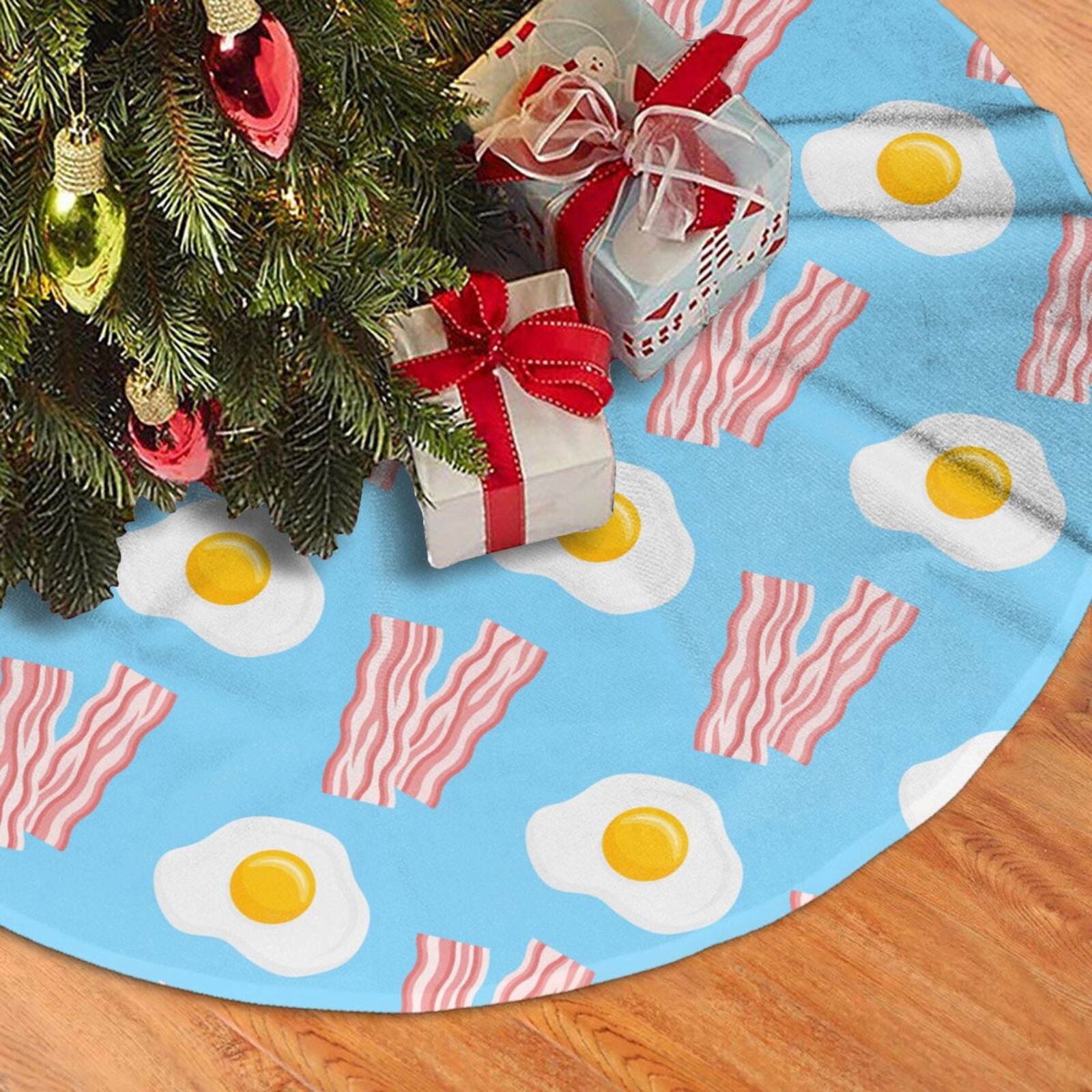 Christmas Tree Skirt with Tie Straps Bacon Print Blue Tree Skirt for ...