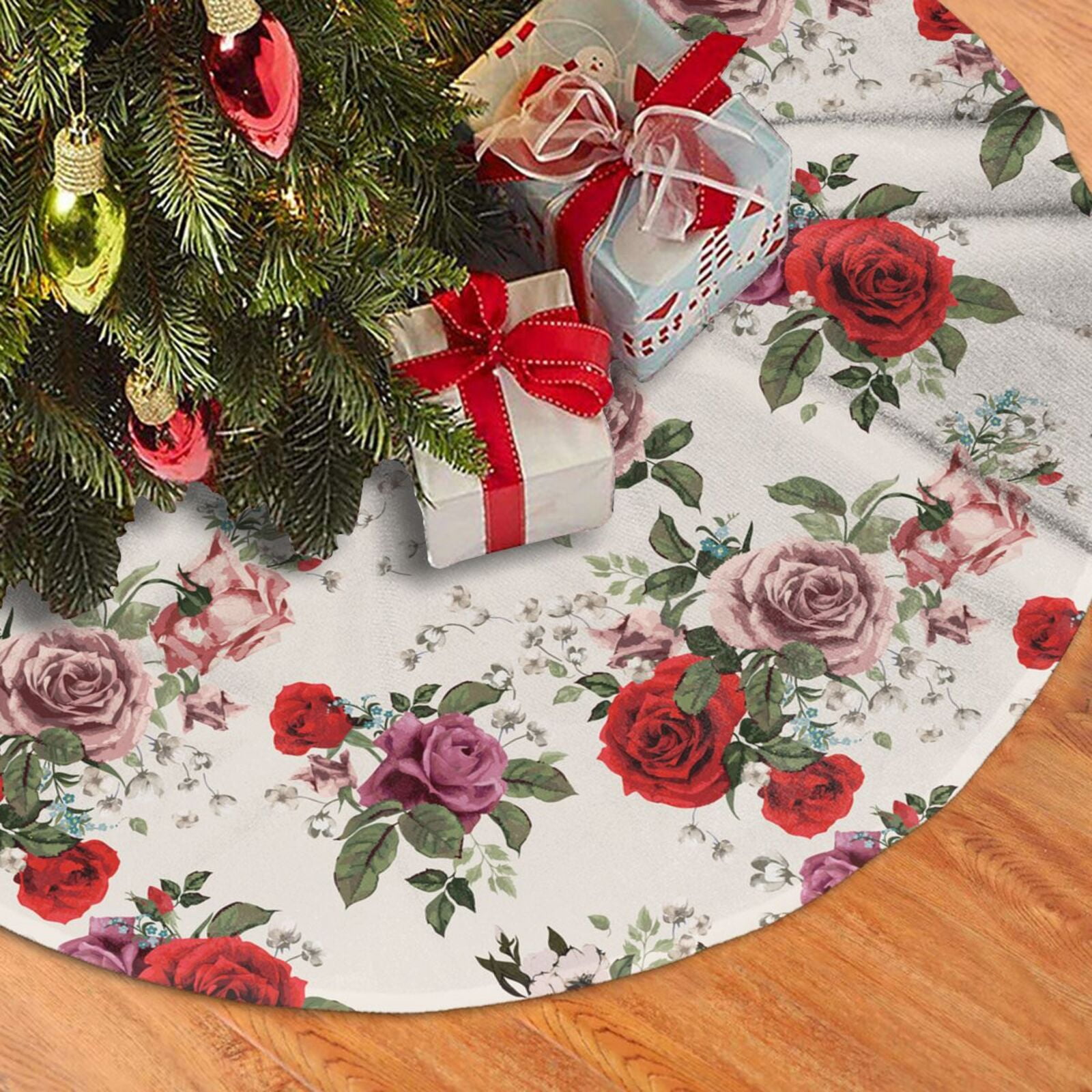 Christmas Tree Skirt with Tie Straps Beautiful Red Rose Flowers Tree ...