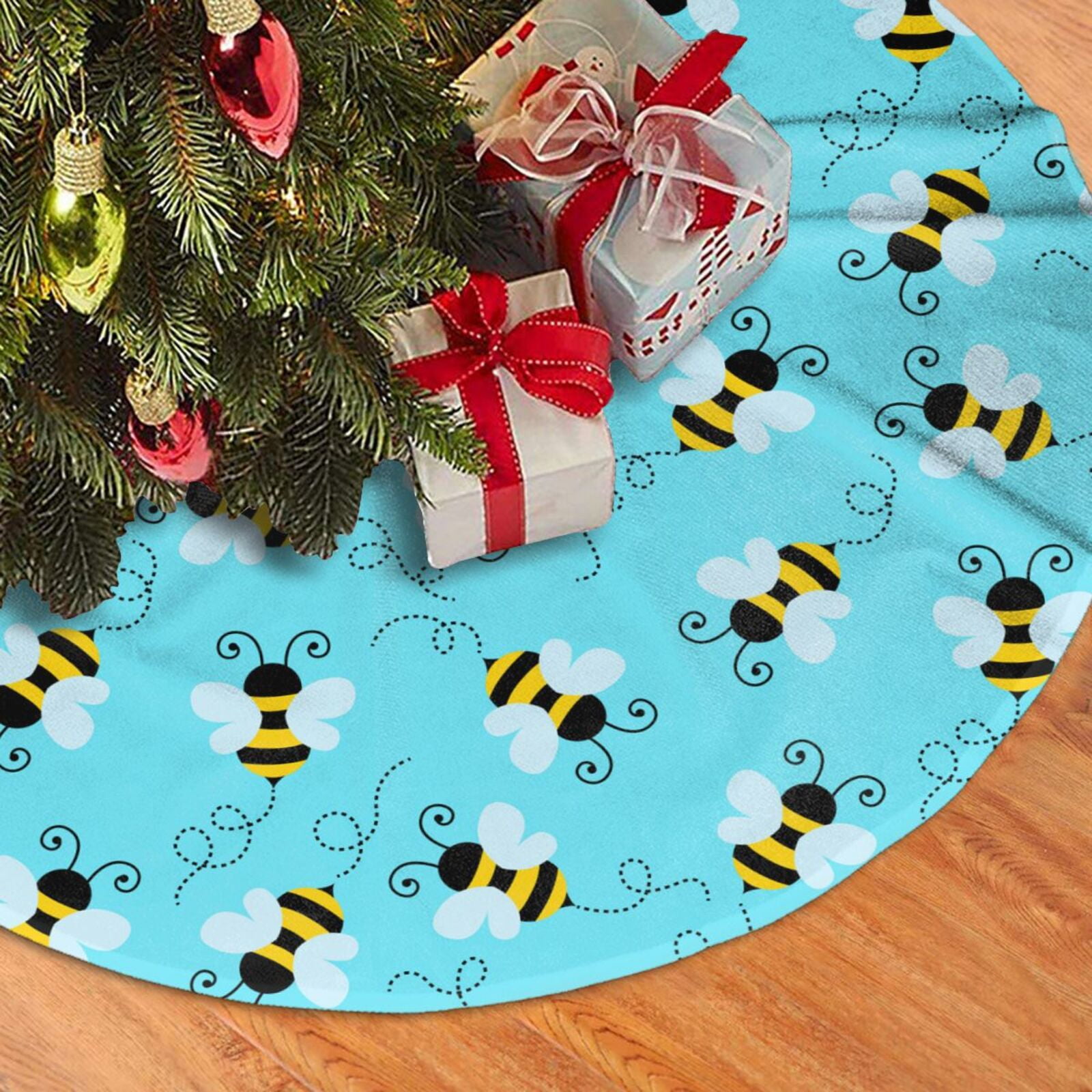 Christmas Tree Skirt with Tie Straps Bee cute cartoon blue Tree Skirt ...