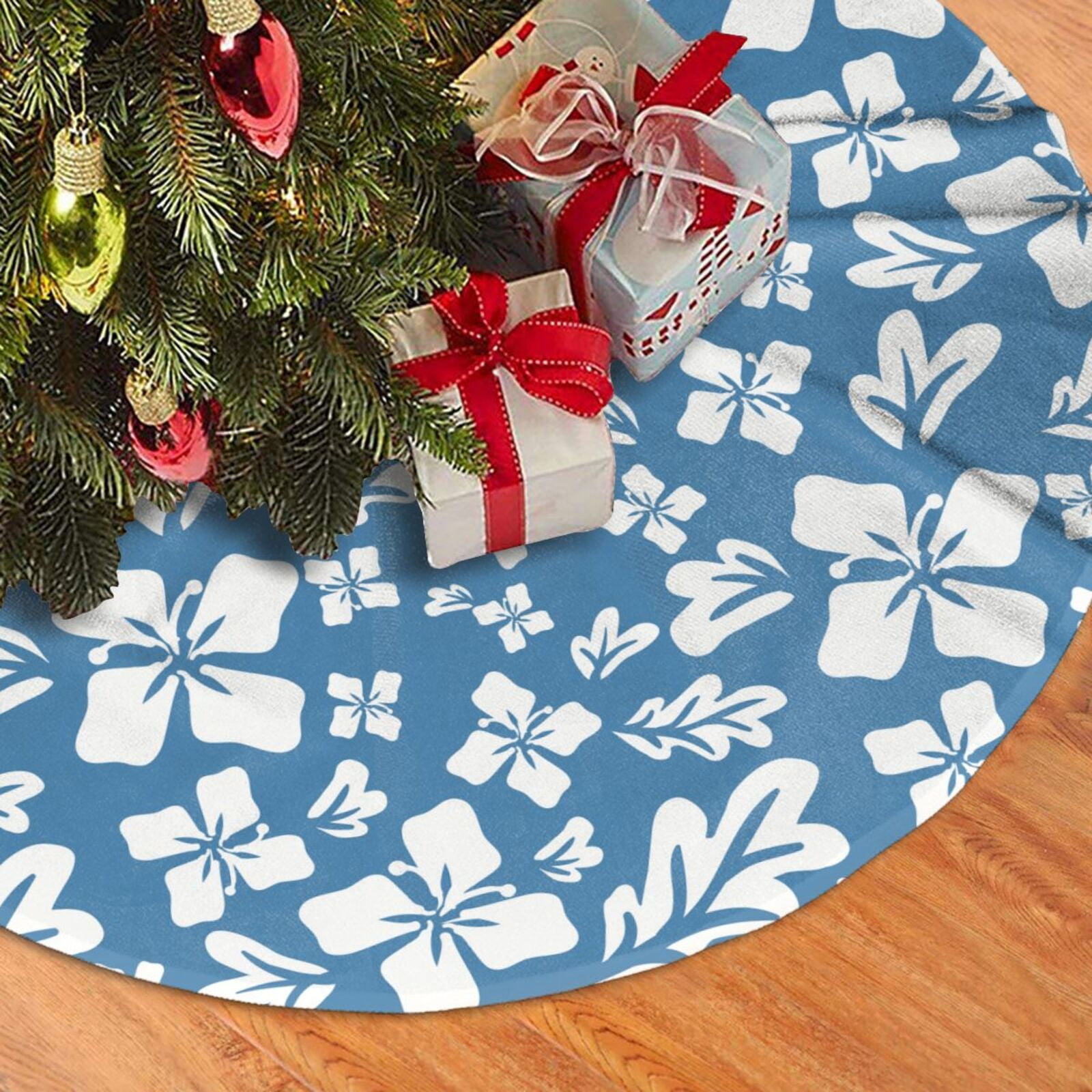 Christmas Tree Skirt with Tie Straps Blue White Flower Tree Skirt for ...