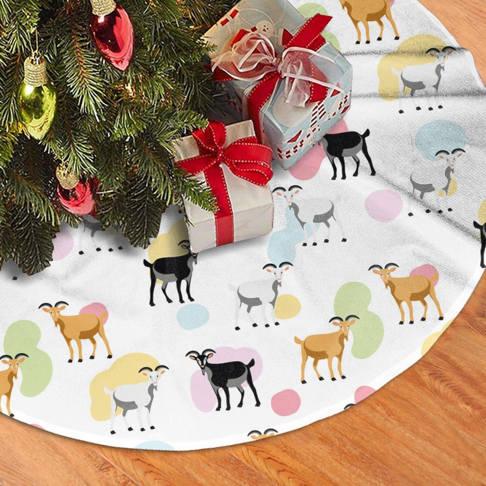 Christmas Tree Skirt with Tie Straps Cartoon Cute Goat Colorful Tree ...