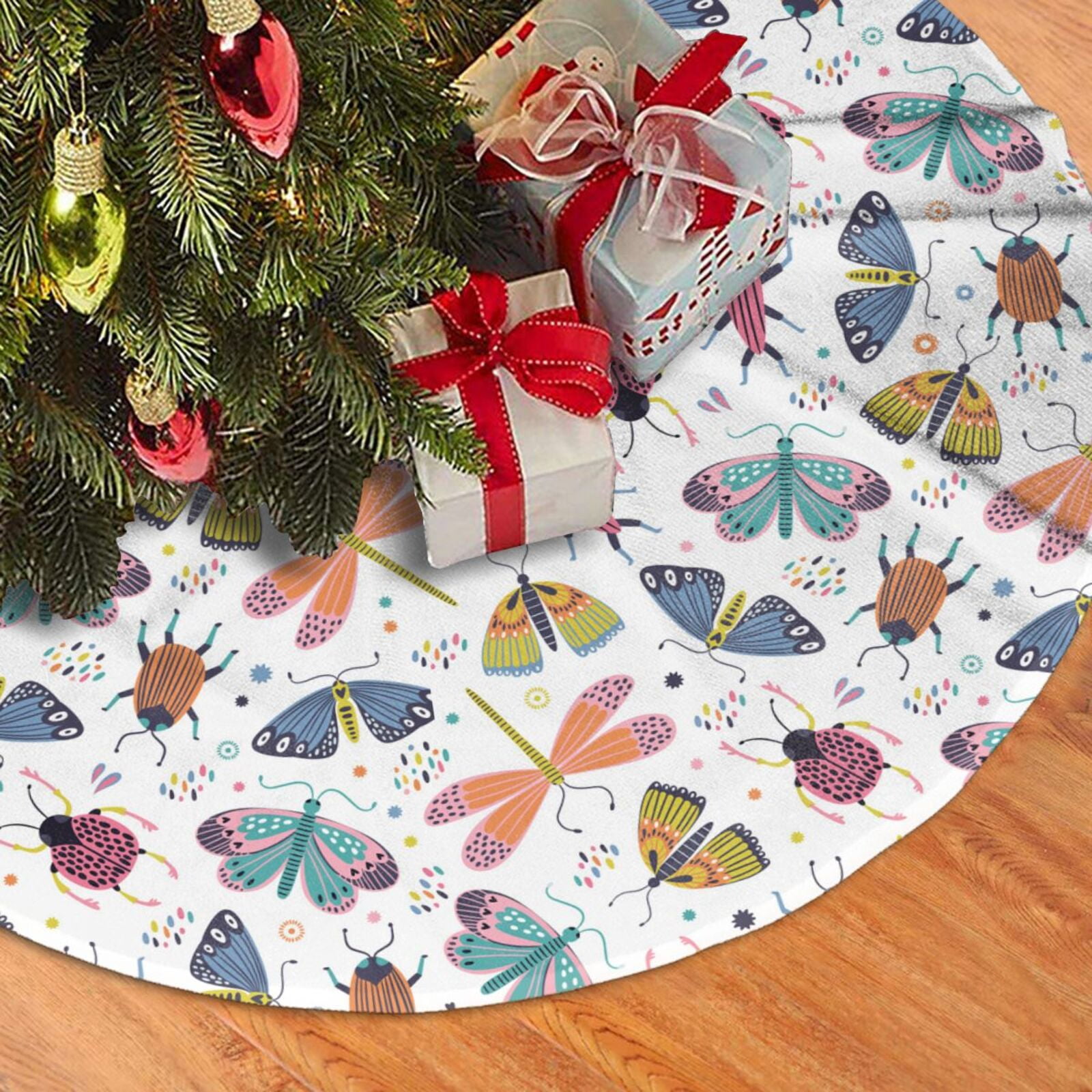 Christmas Tree Skirt with Tie Straps Colorful Insects Tree Skirt for ...