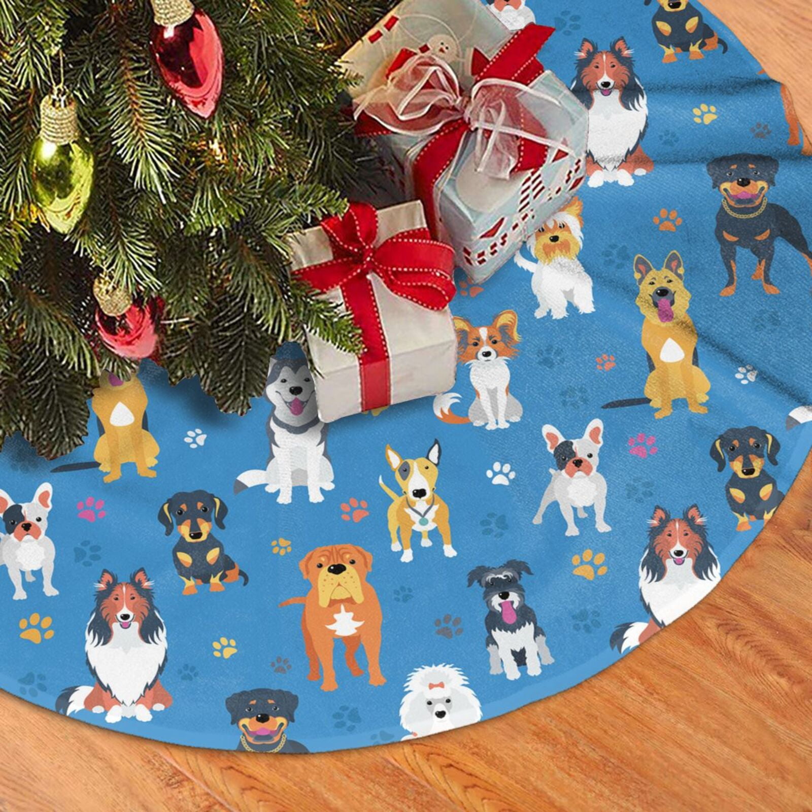 Christmas Tree Skirt with Tie Straps Cute Dog Puppy colorful Tree Skirt ...