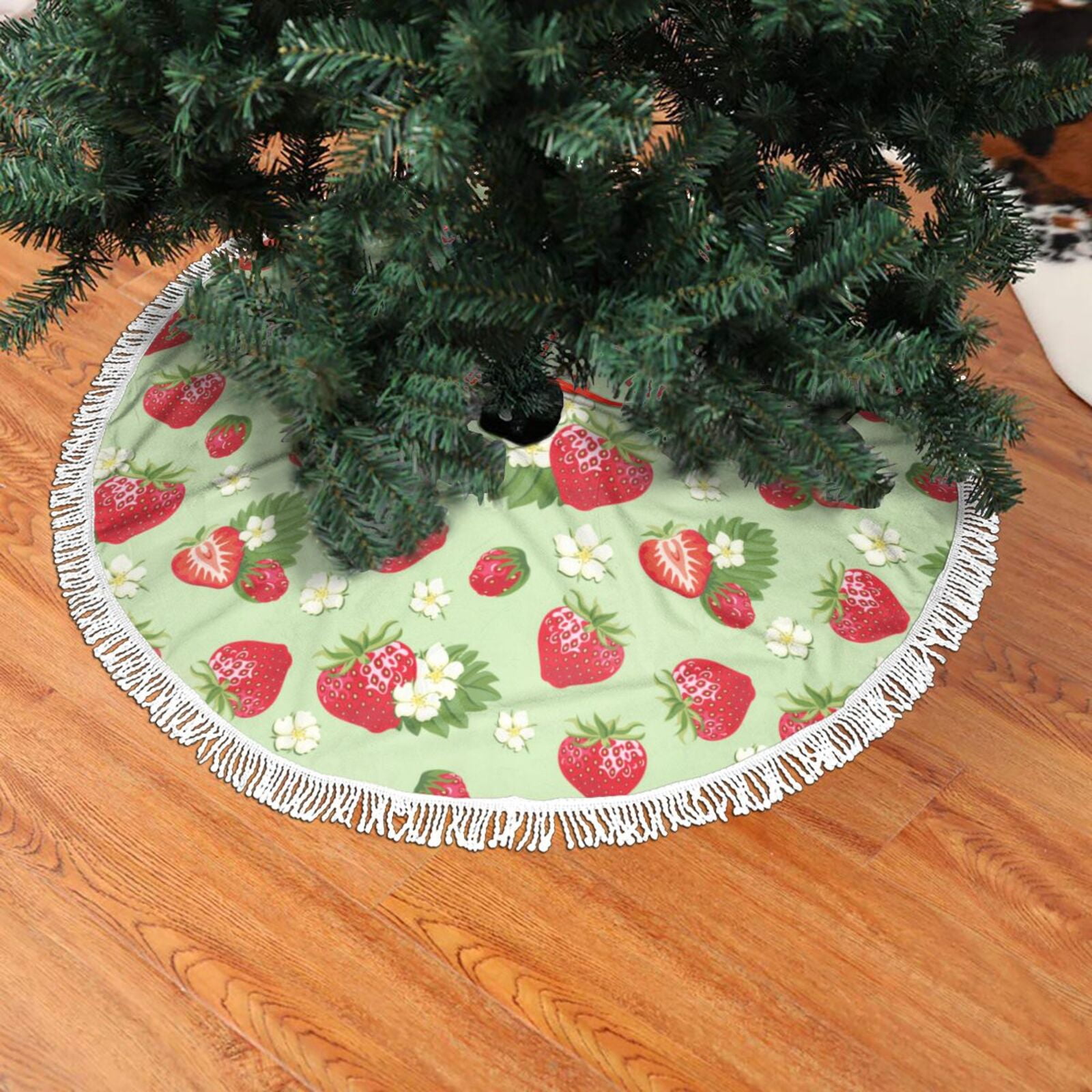 Christmas Tree Skirt with Tie Straps Cute Strawberry Flowers Tree Skirt ...