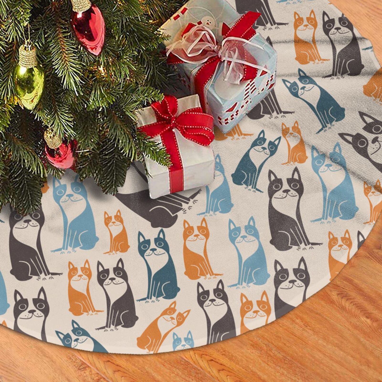 Christmas Tree Skirt with Tie Straps Cute boston terrier dog vintage ...