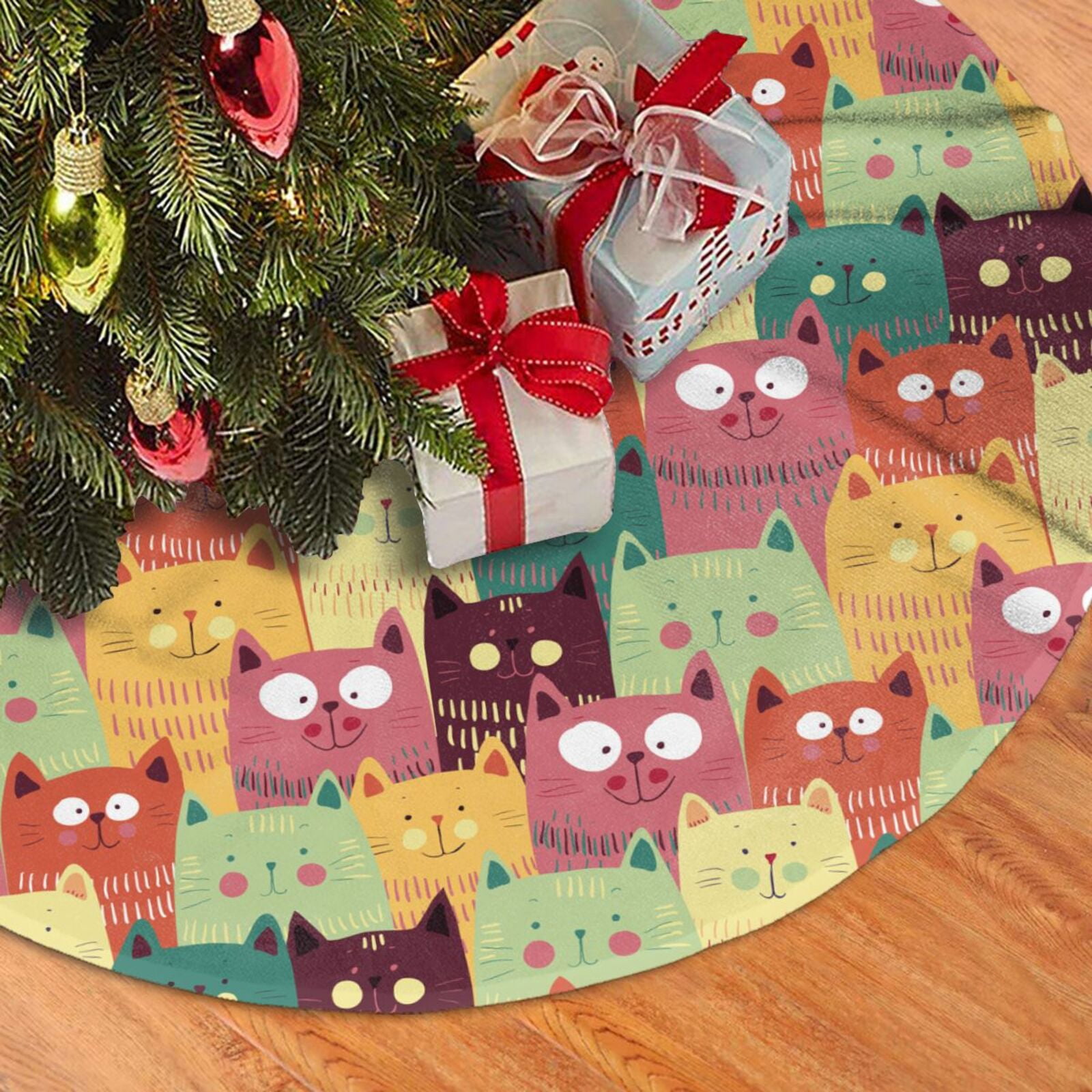 Christmas Tree Skirt with Tie Straps Cute cartoon cat Tree Skirt for ...