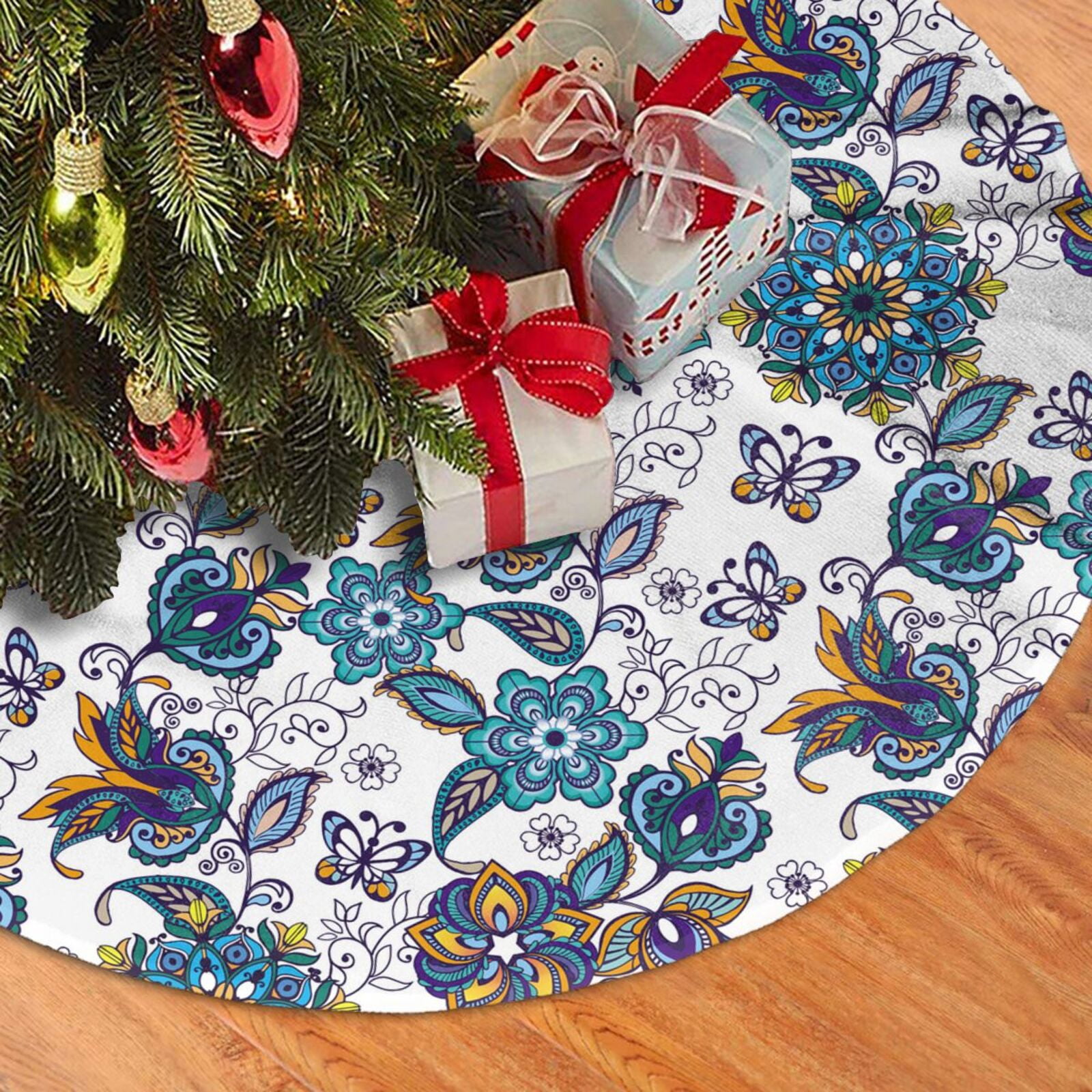 Christmas Tree Skirt with Tie Straps Elegant Flower Butterfly Paisley ...