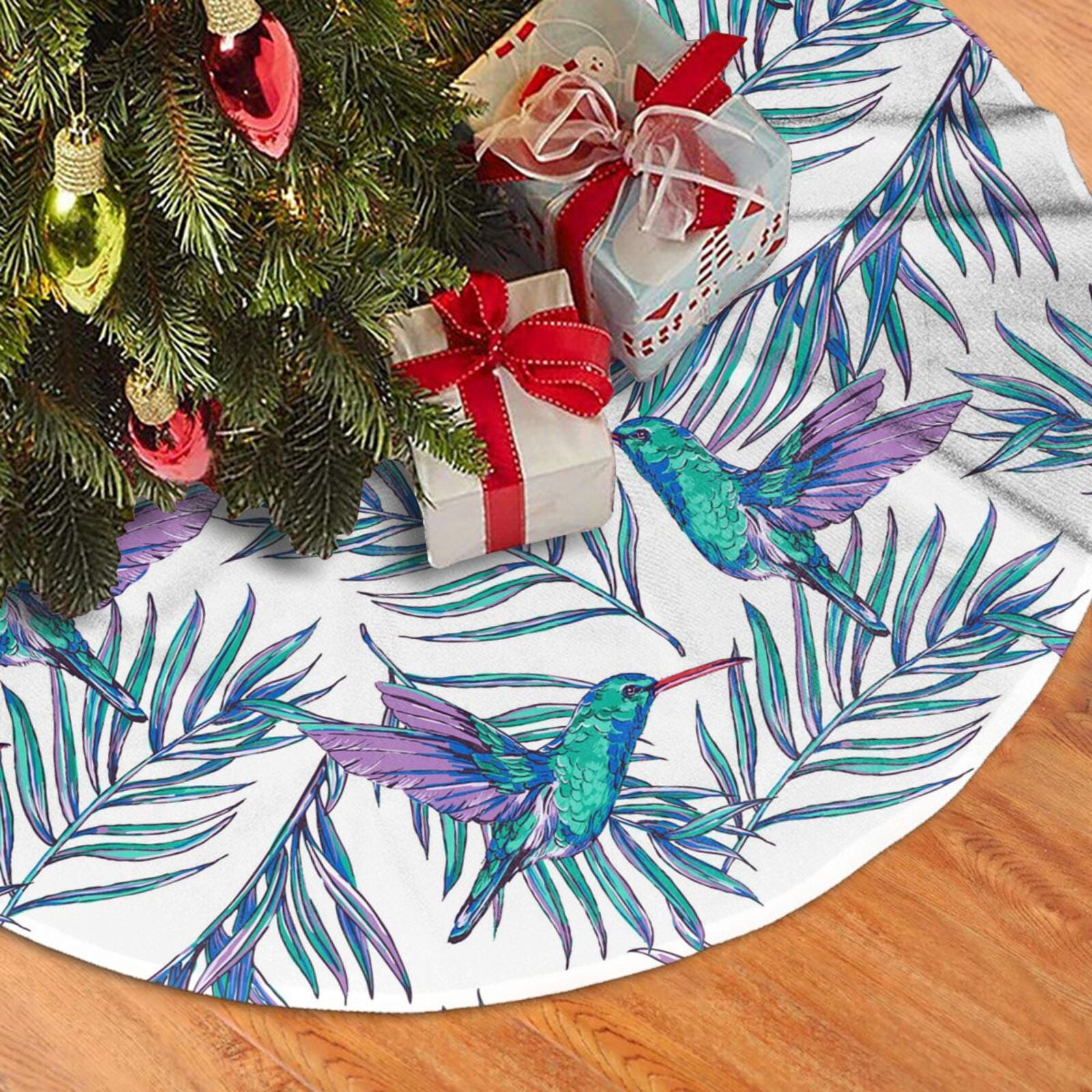 Christmas Tree Skirt with Tie Straps Hummingbird Leaf Tree Skirt for ...