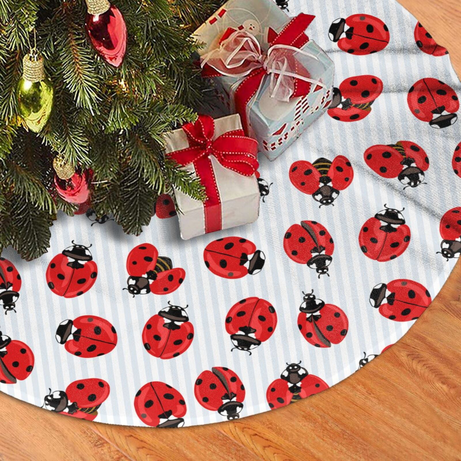 Christmas Tree Skirt with Tie Straps Ladybug On Blue Stripes Tree Skirt ...
