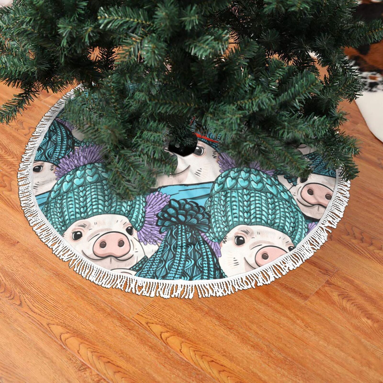 Christmas Tree Skirt with Tie Straps Modern Cute Hat Pig Tree Skirt ...