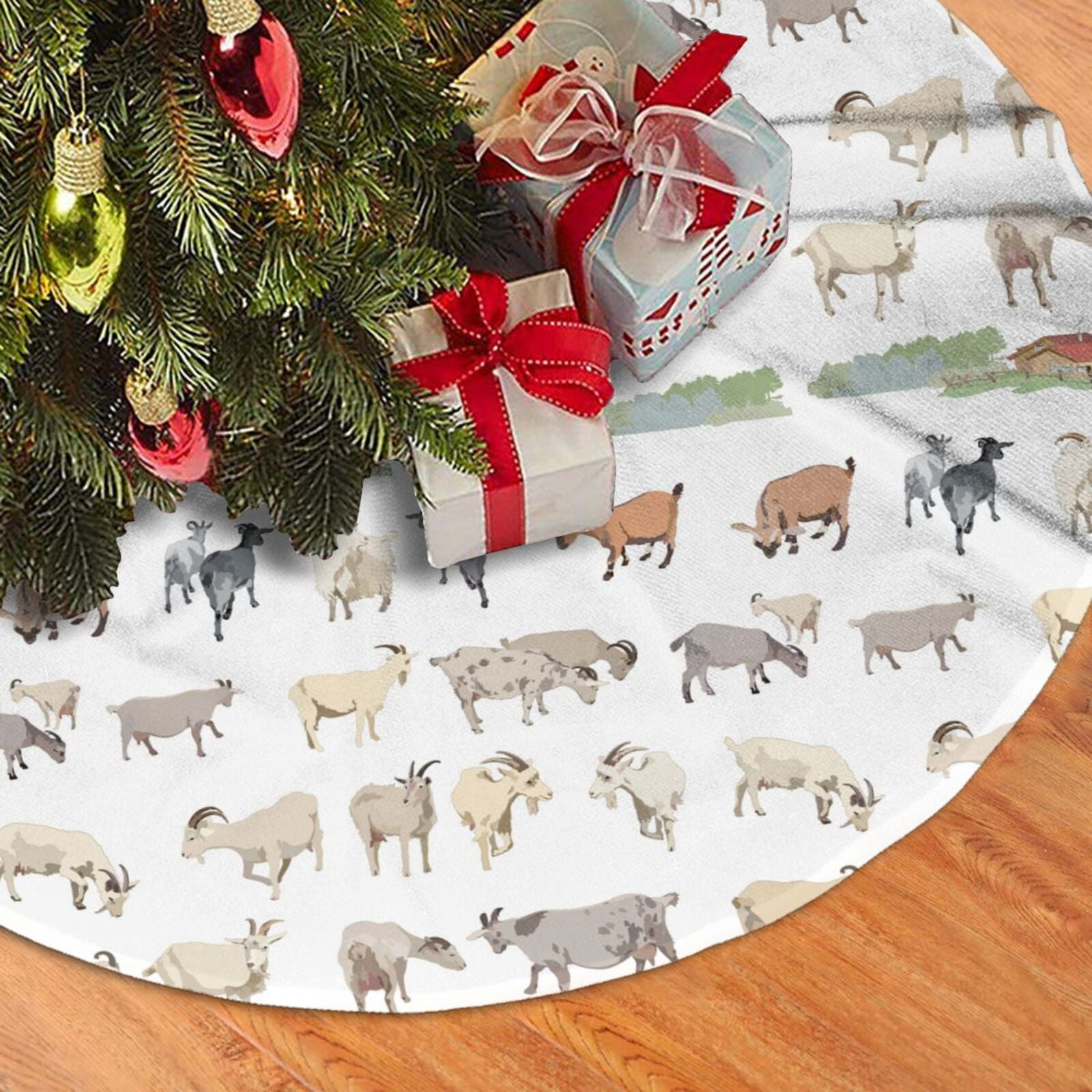 Christmas Tree Skirt with Tie Straps Painted Cute Goat Tree Skirt for ...