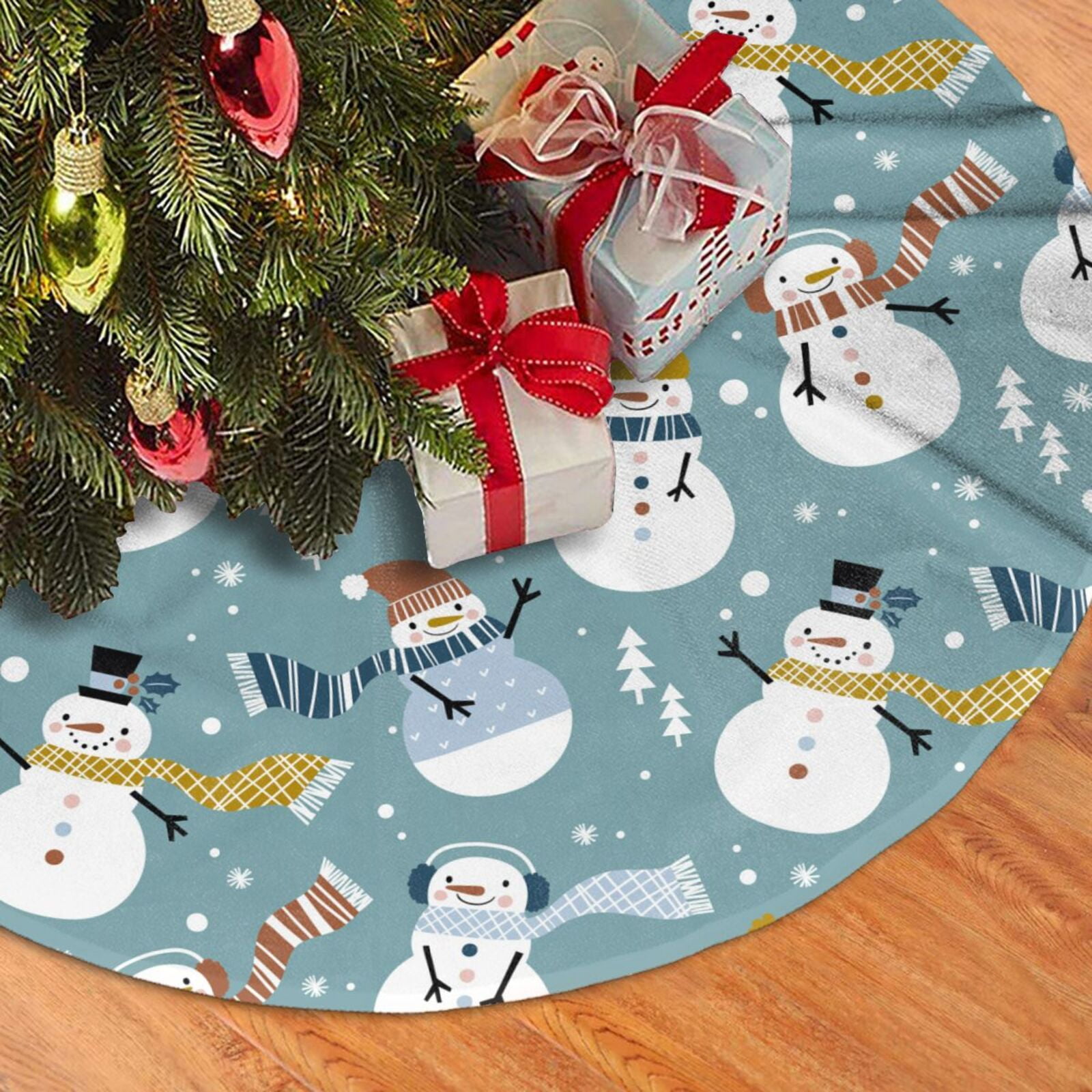 Christmas Tree Skirt with Tie Straps Snowflake Scarf Snowman Tree Skirt ...