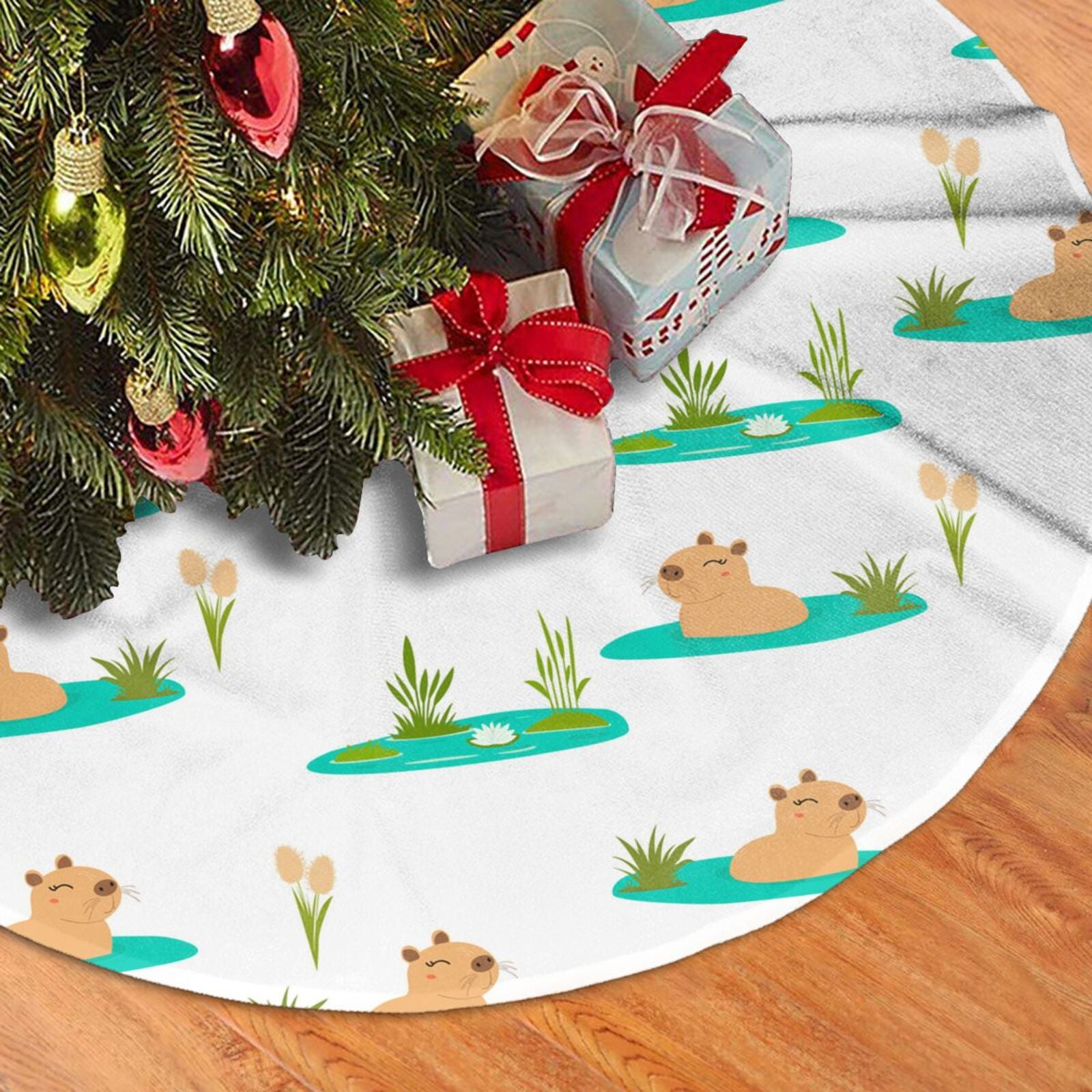 Christmas Tree Skirt with Tie Straps Swim Cute Capybaras Tree Skirt for ...