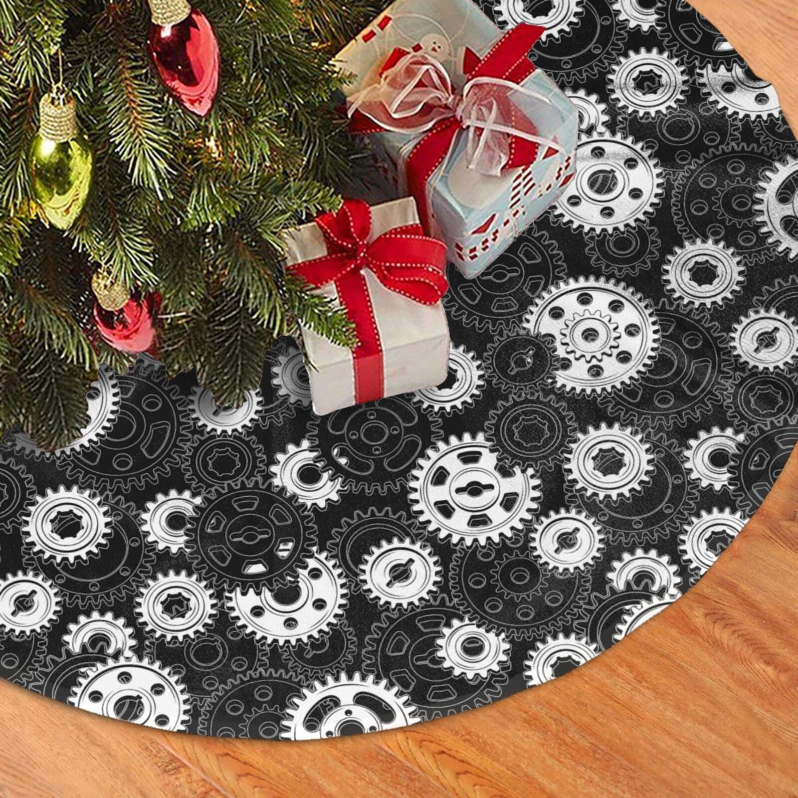 Christmas Tree Skirt with Tie Straps black gear Pattern white Tree ...