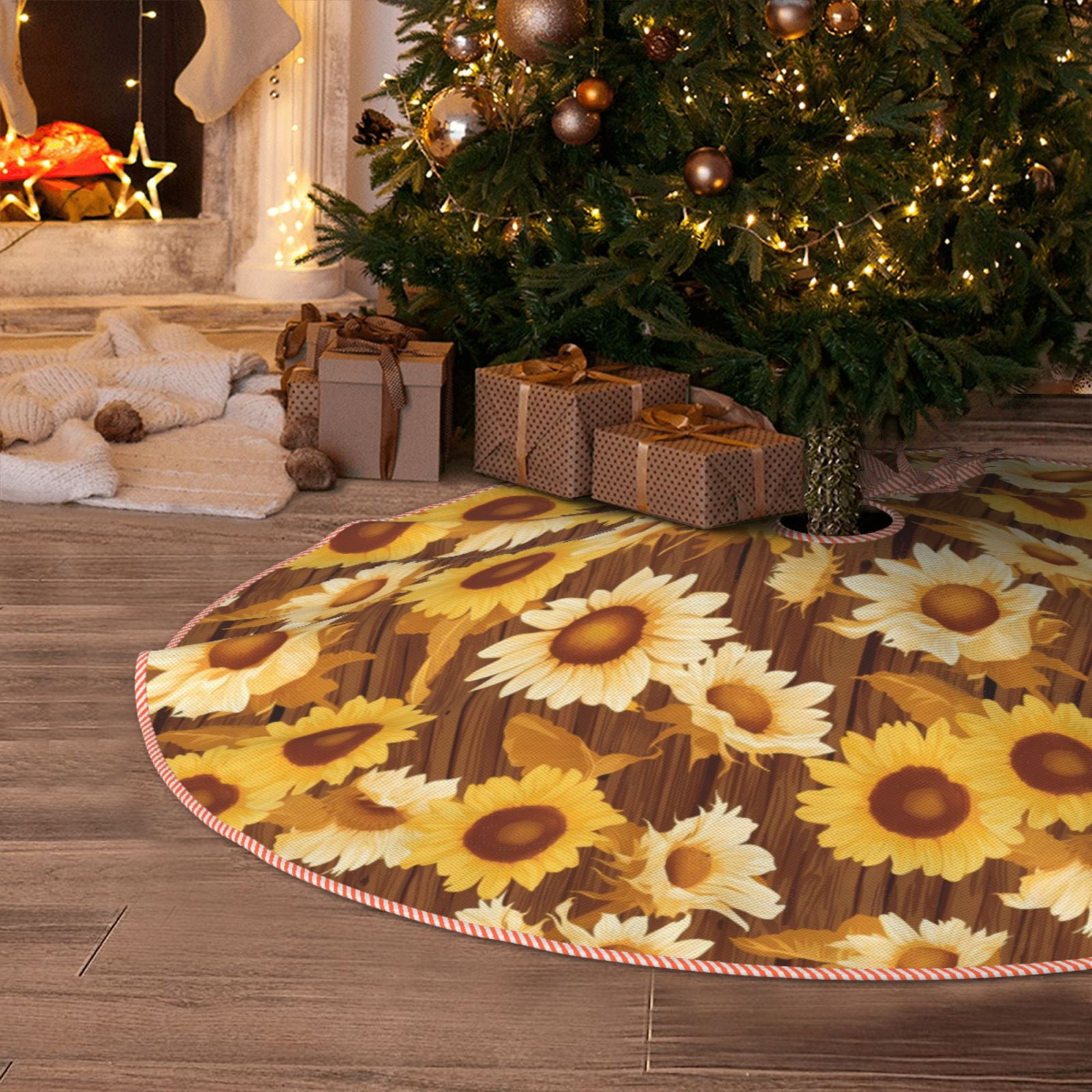 Christmas Tree Skirt - Vintage Wood Grain Sunflower B Halloween Tree ...