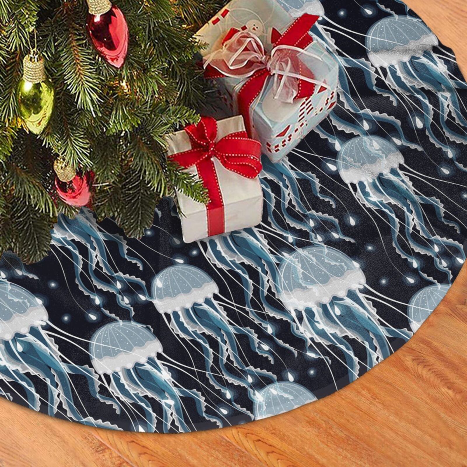 Christmas Tree Skirt, White Jellyfish Print Black Soft Plush Christmas ...