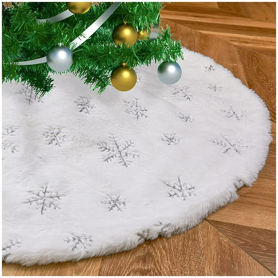 Christmas Tree Skirt White with Silver Snowflake Tree Mat Faux Fur ...