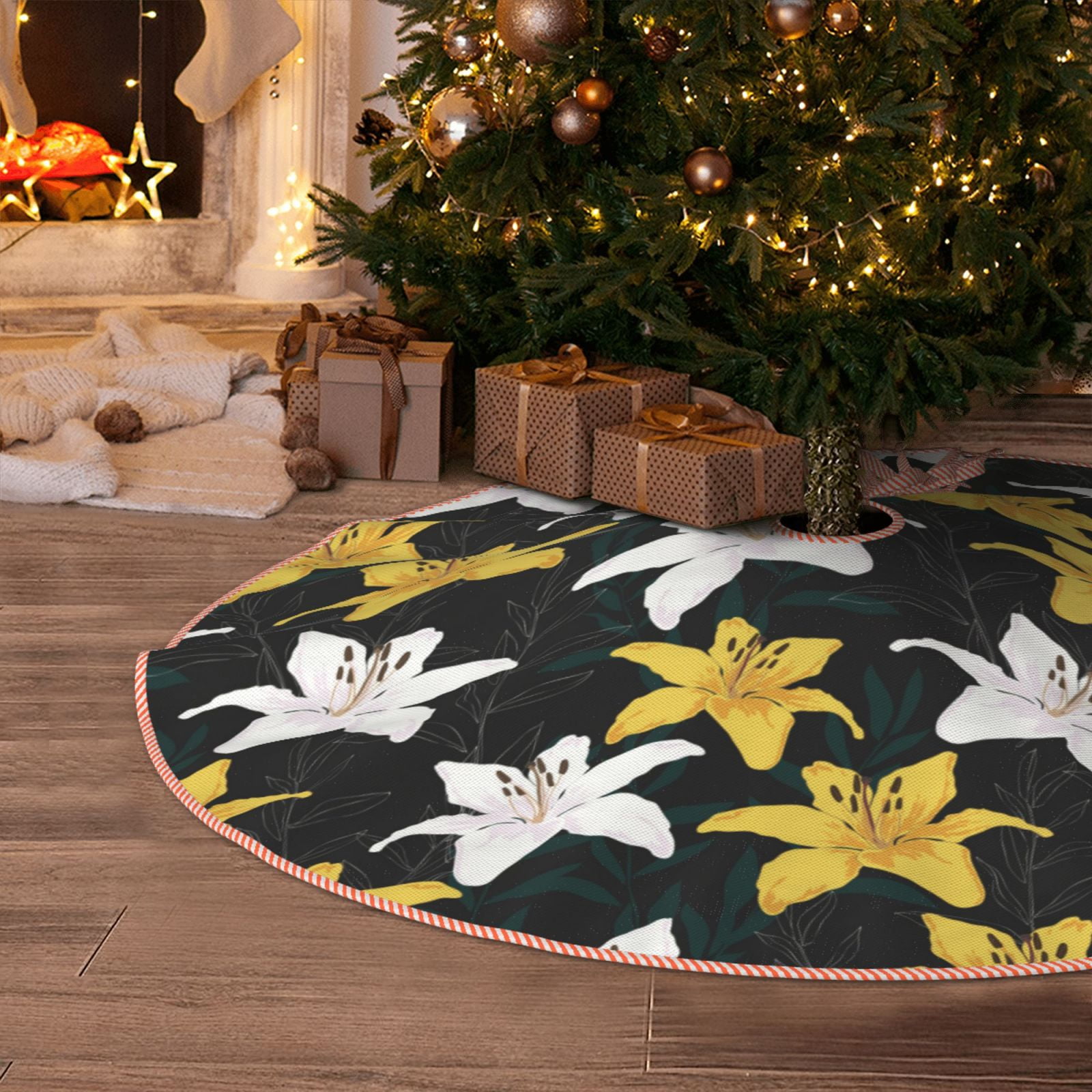Christmas Tree Skirt - Yellow White Lilies Flowers Halloween Tree Skirt ...