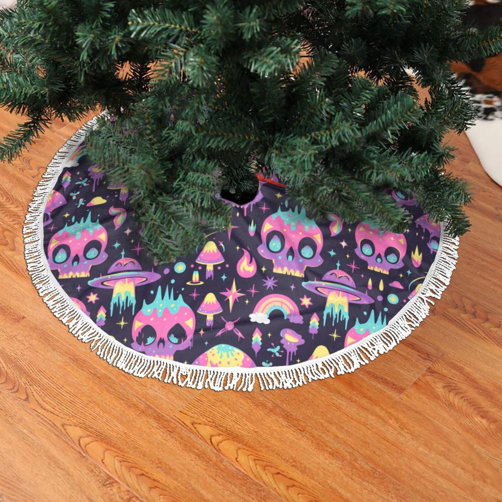 Christmas Tree Skirt, cartoon Skull rainbow space Christmas Tree ...