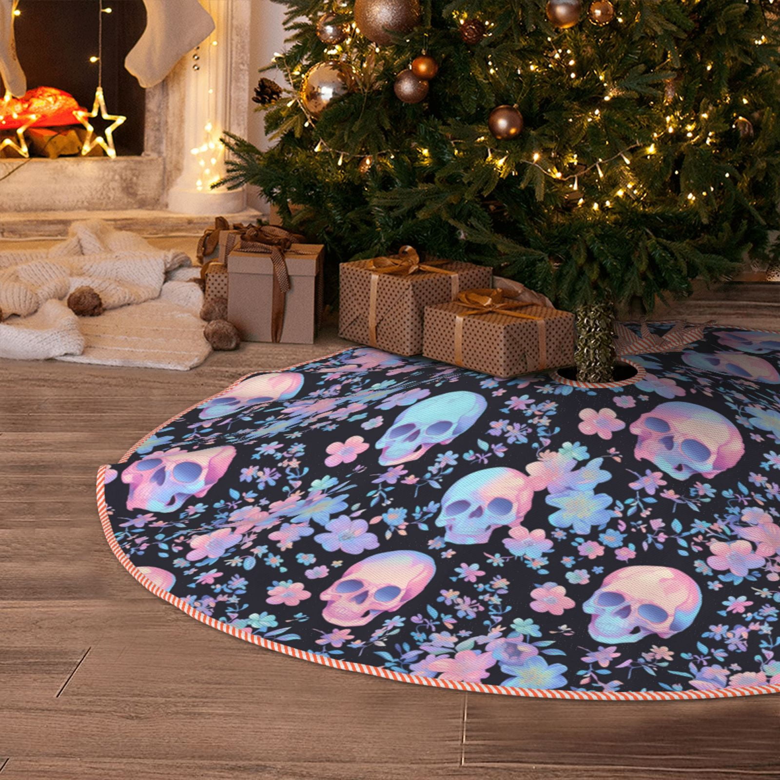 Christmas Tree Skirt - cool Skull flower Halloween Tree Skirt Winter ...
