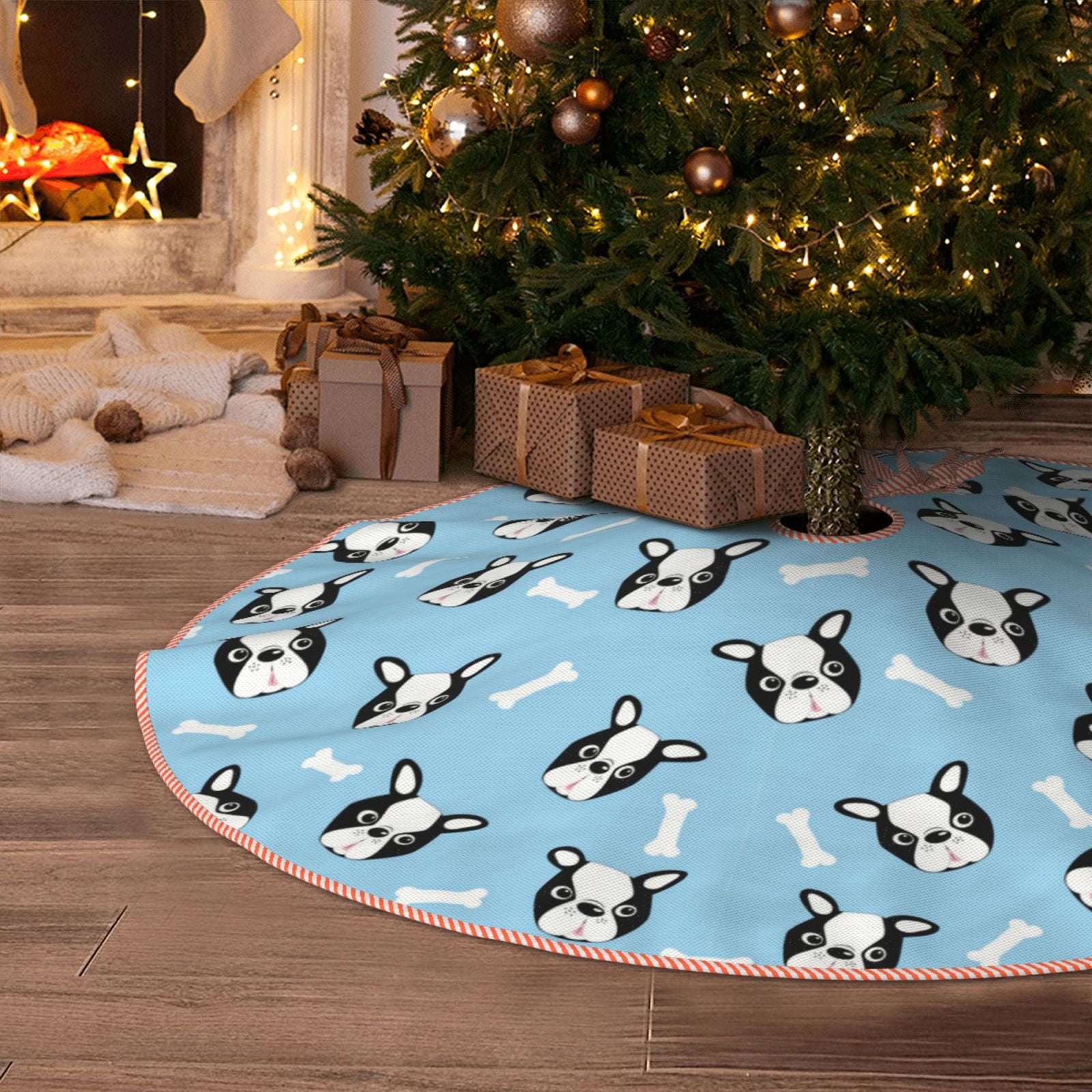 Christmas Tree Skirt - cute Boston Terrier dog bone blue Halloween Tree ...