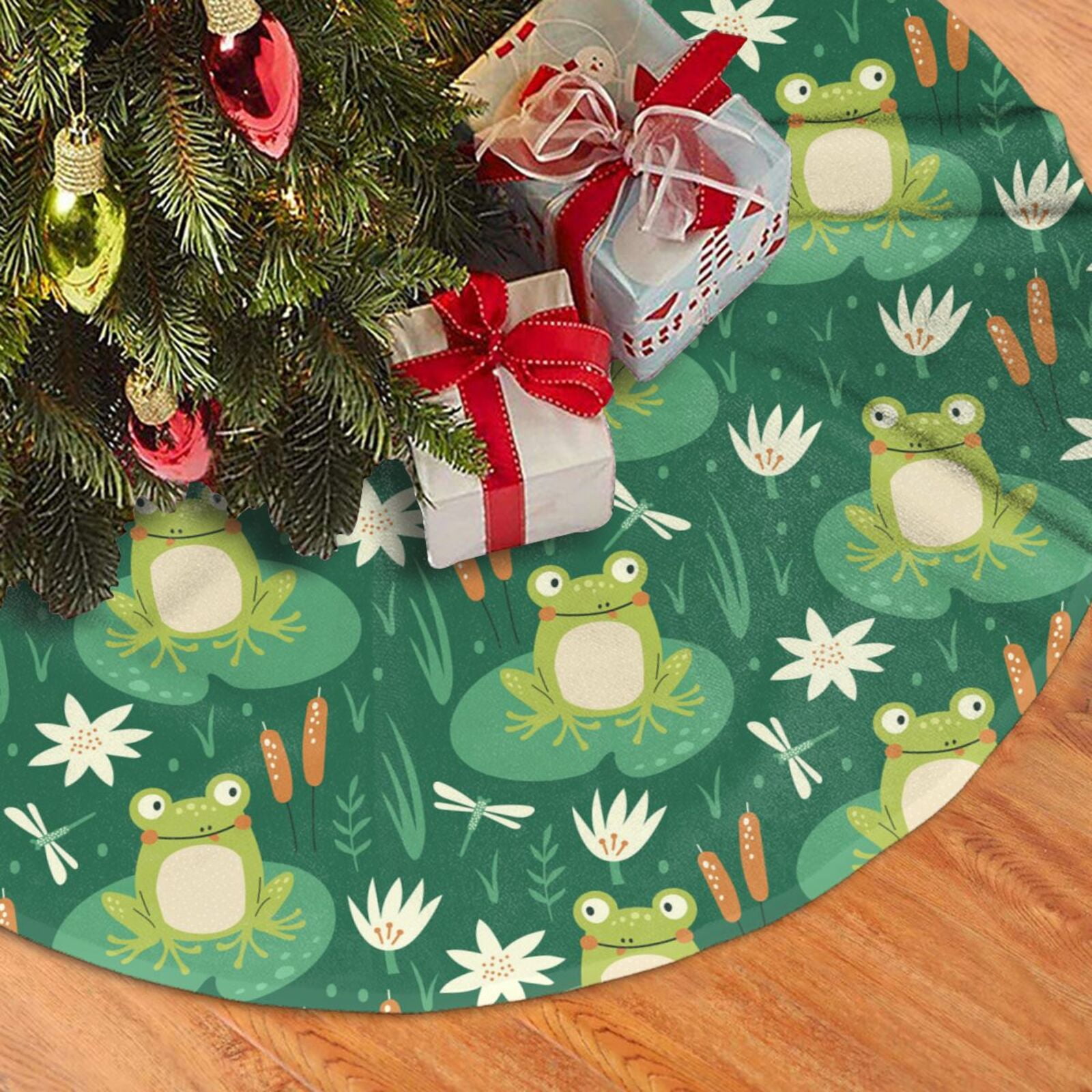 Christmas Tree Skirt, cute frogs dragonfly flower green Soft Plush ...