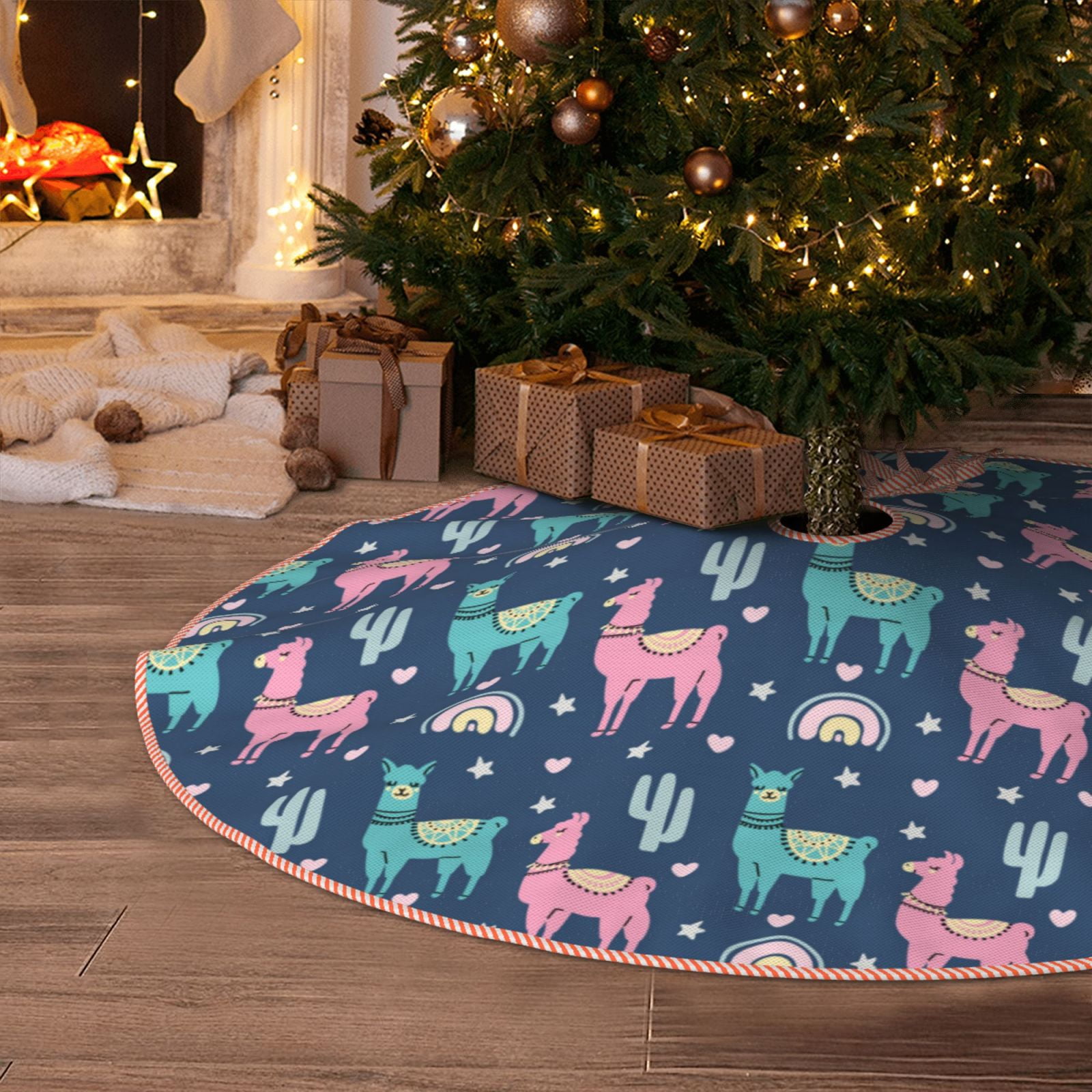 Christmas Tree Skirt Сute lamas cactus rainbow navyblue Tree Skirt for ...