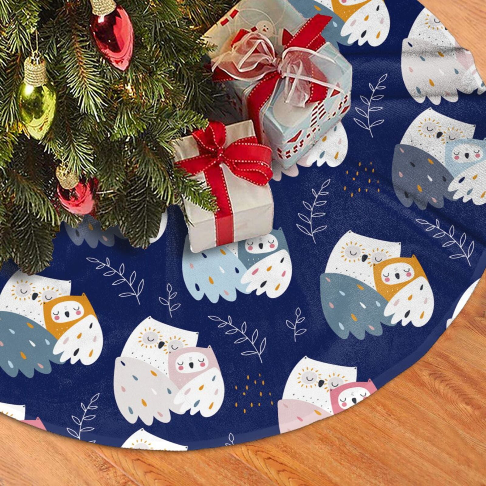 Christmas Tree Skirt with Tie Straps Mom And Baby Owls Tree Skirt for ...
