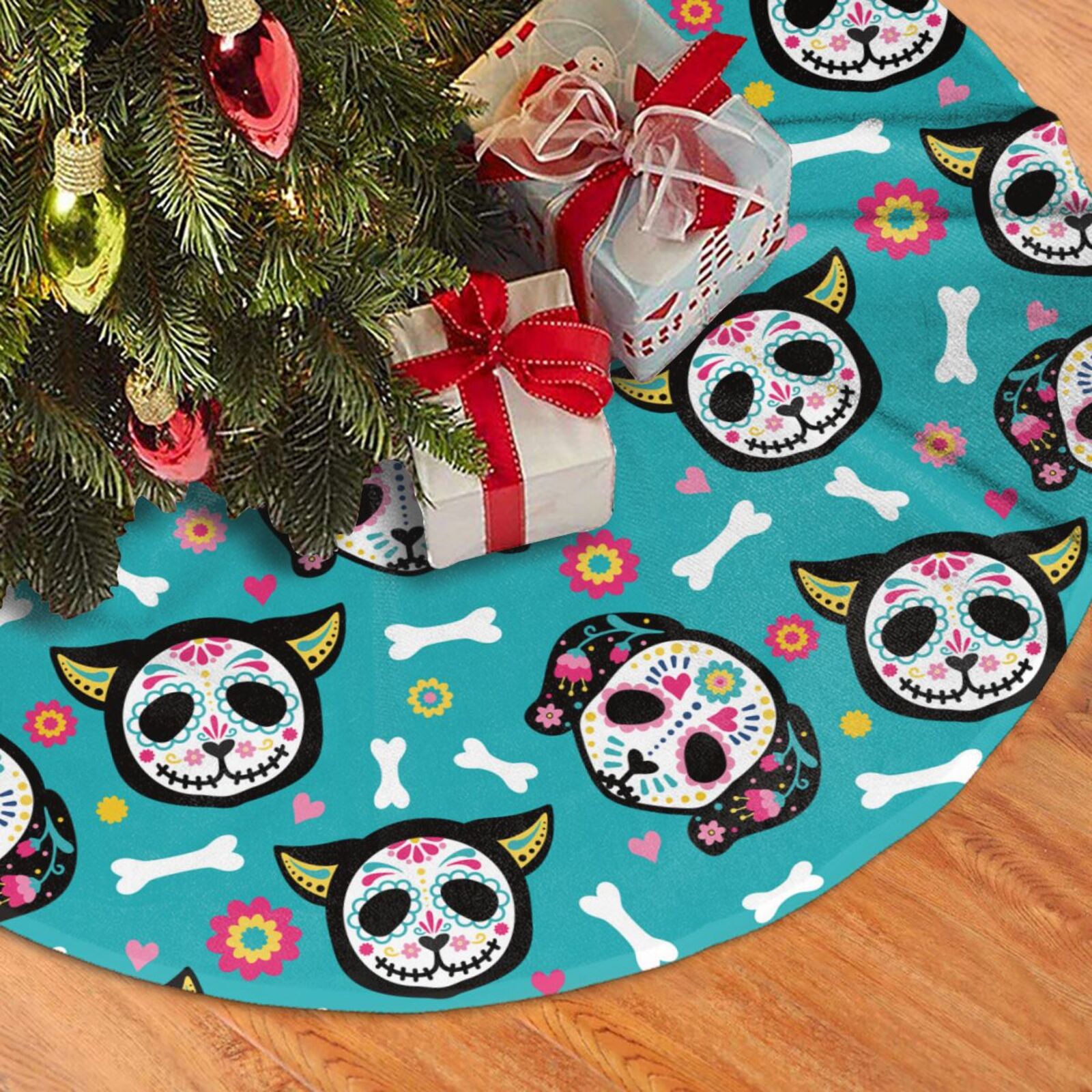 Christmas Tree Skirt with Tie Straps SKULL cat Tree Skirt for Merry ...