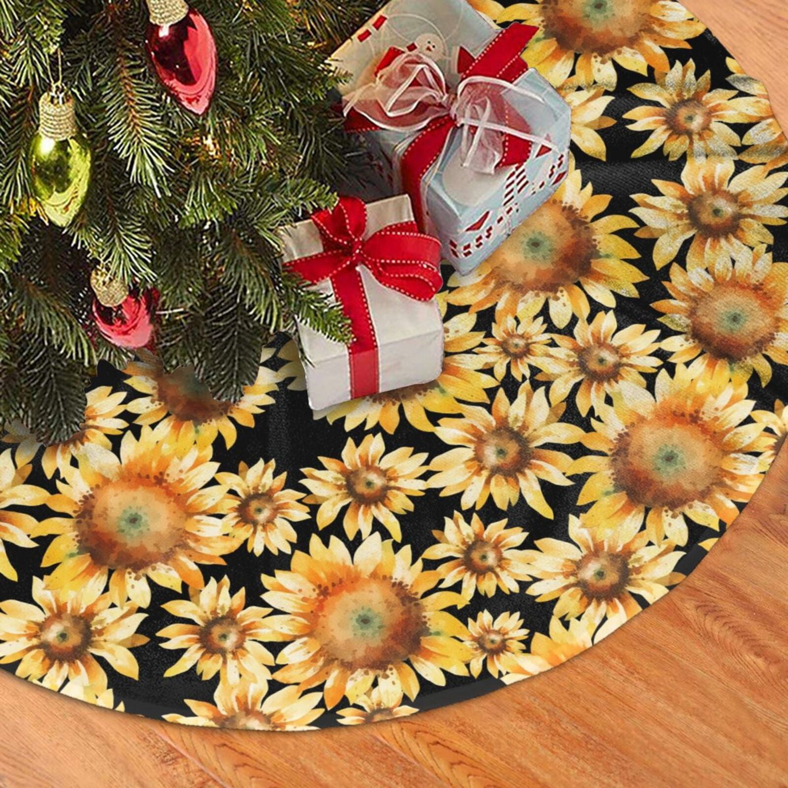 Christmas Tree Skirt with Tie Straps Sunflowers 1 Tree Skirt for Merry ...
