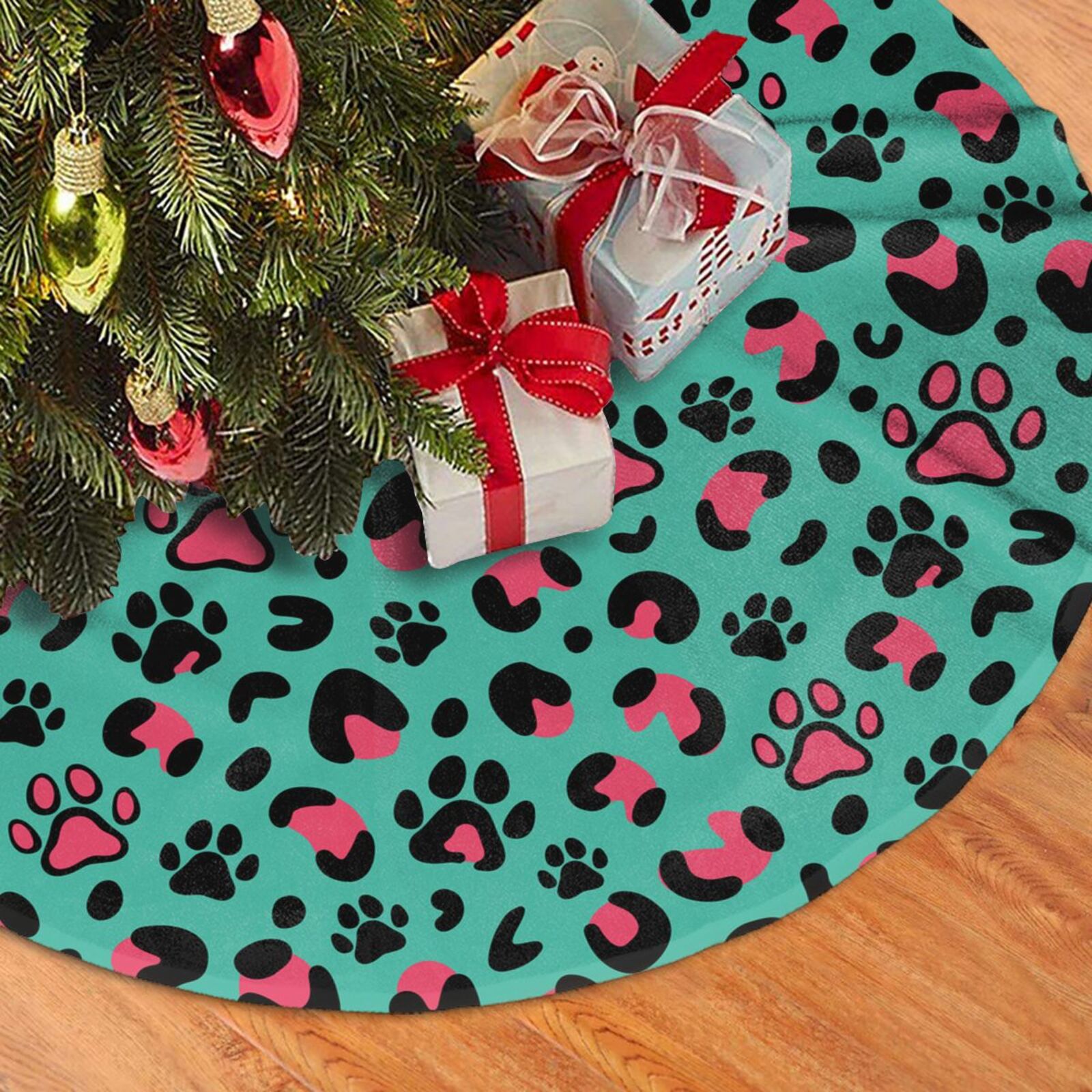 Christmas Tree Skirt with Tie Straps paw Leopard print Tree Skirt for ...