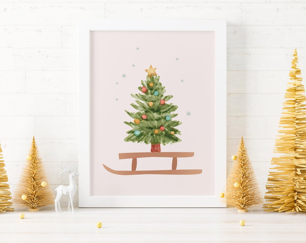 Christmas Tree Sled Illustration Art Print ,Decor For Living Room ...