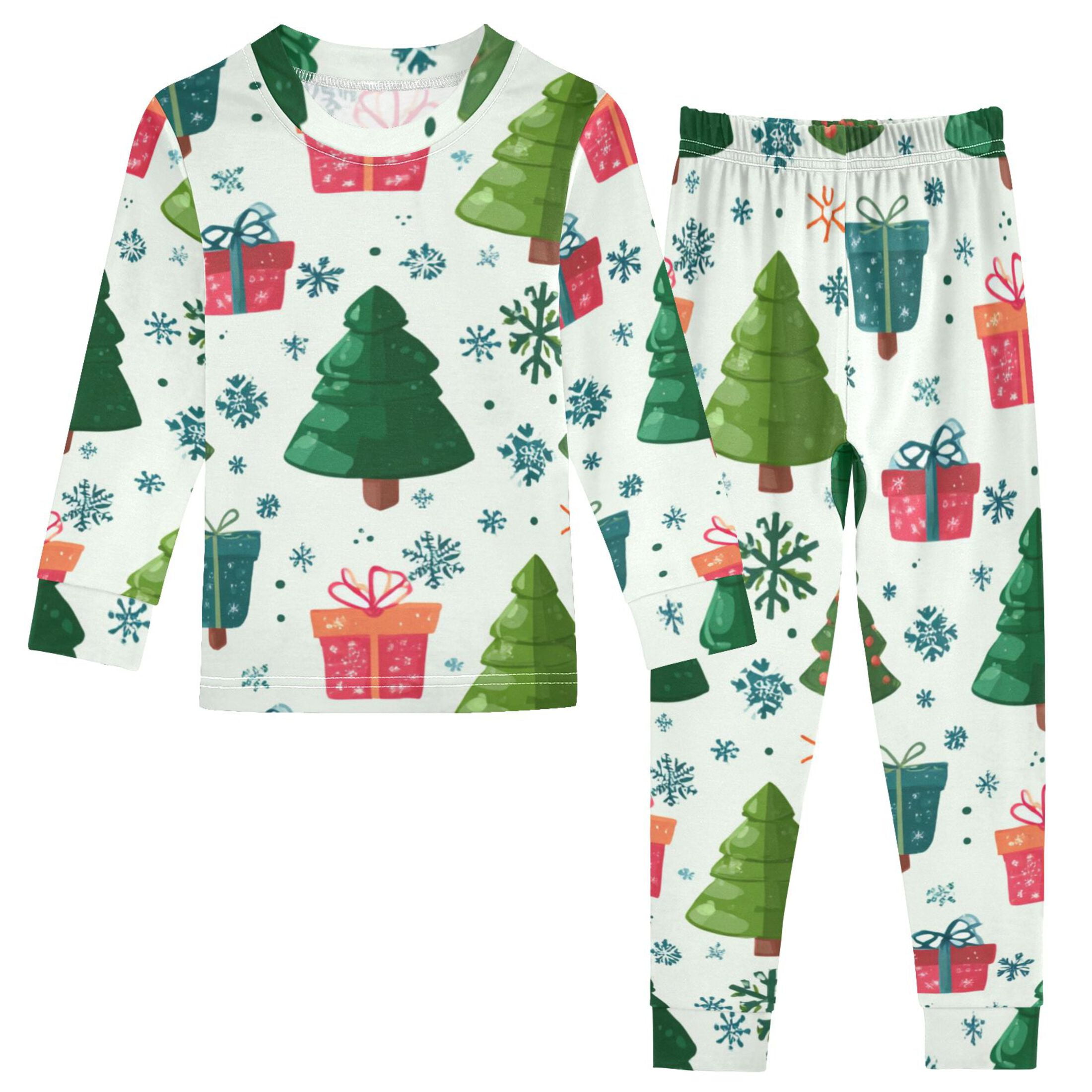 Christmas Tree Snow Gift Box Cute Cotton Pajama Set Long Sleeve Top and ...