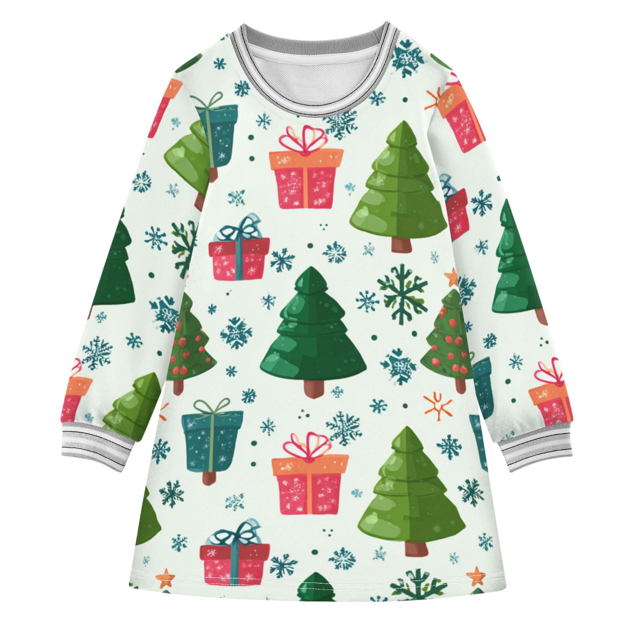 Christmas Tree Snow Gift Box Cute Long-sleeved Dress A-line One-Piece ...