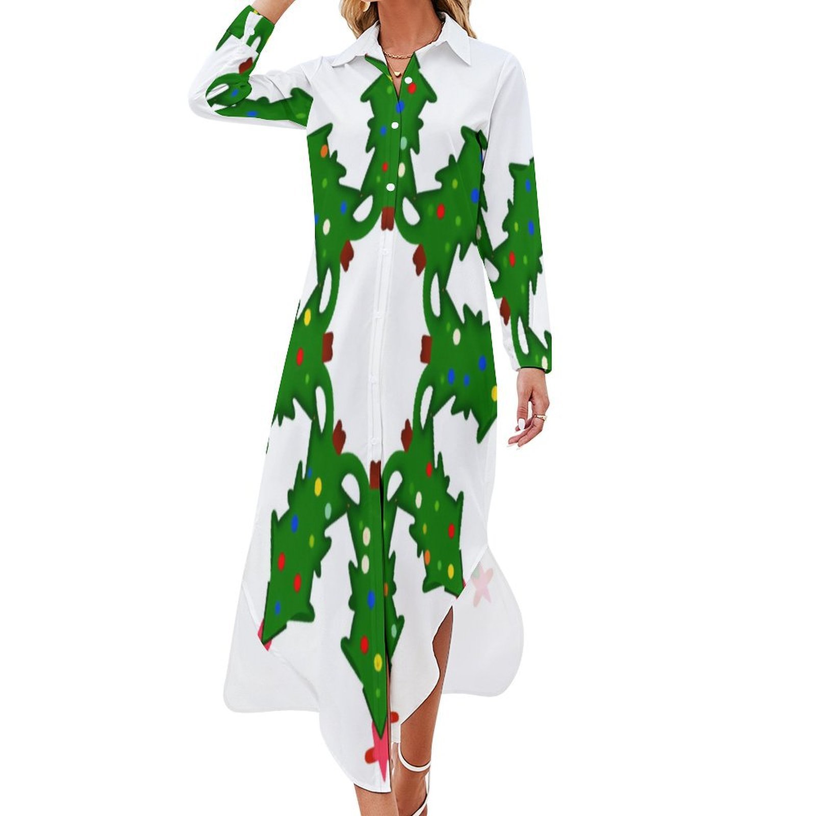 Christmas Tree Snowflake Design Shirt Dress Long Sleeve Street Fashion ...