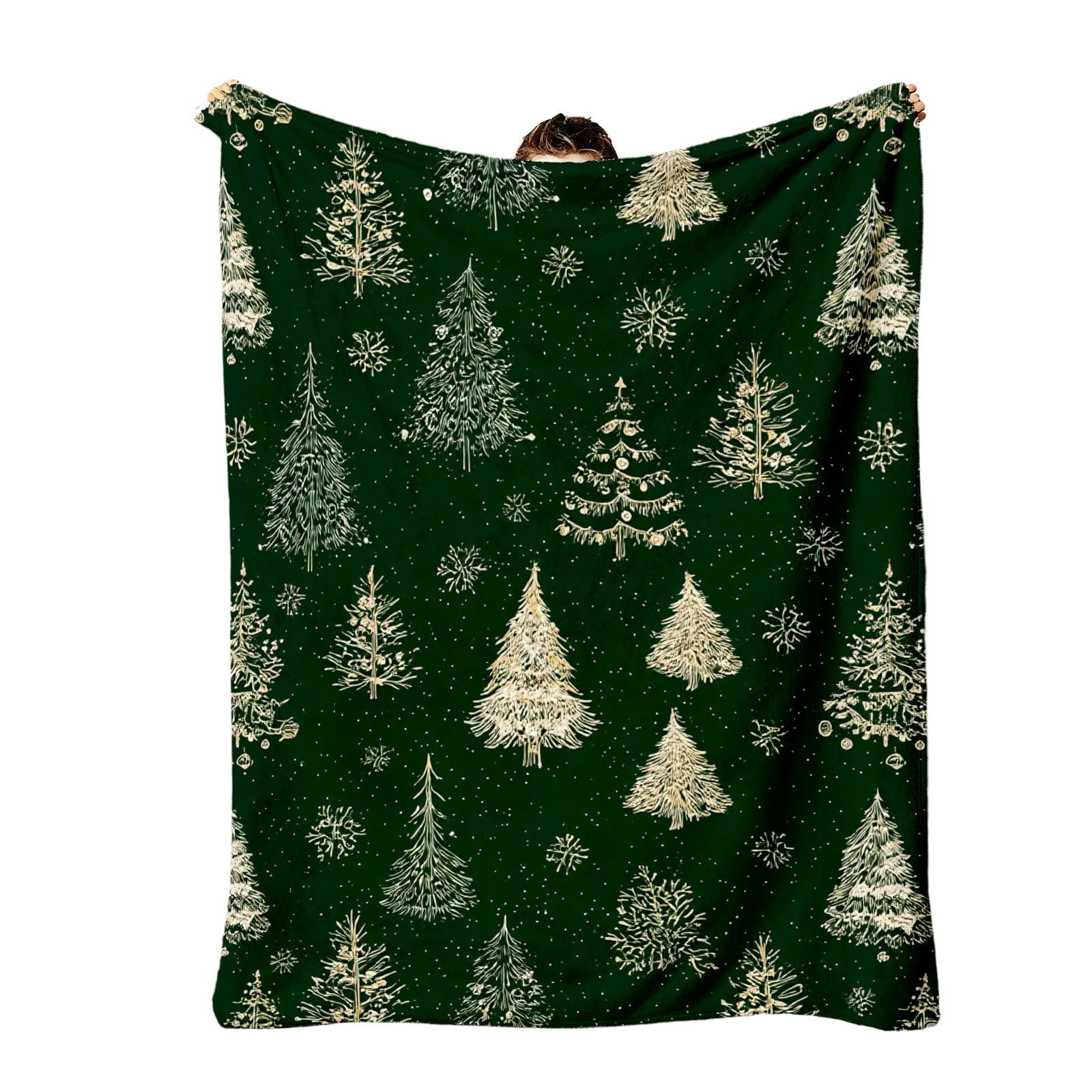 Christmas Tree Snowflake Flannel Blanket - Dark Green Golden Print ...