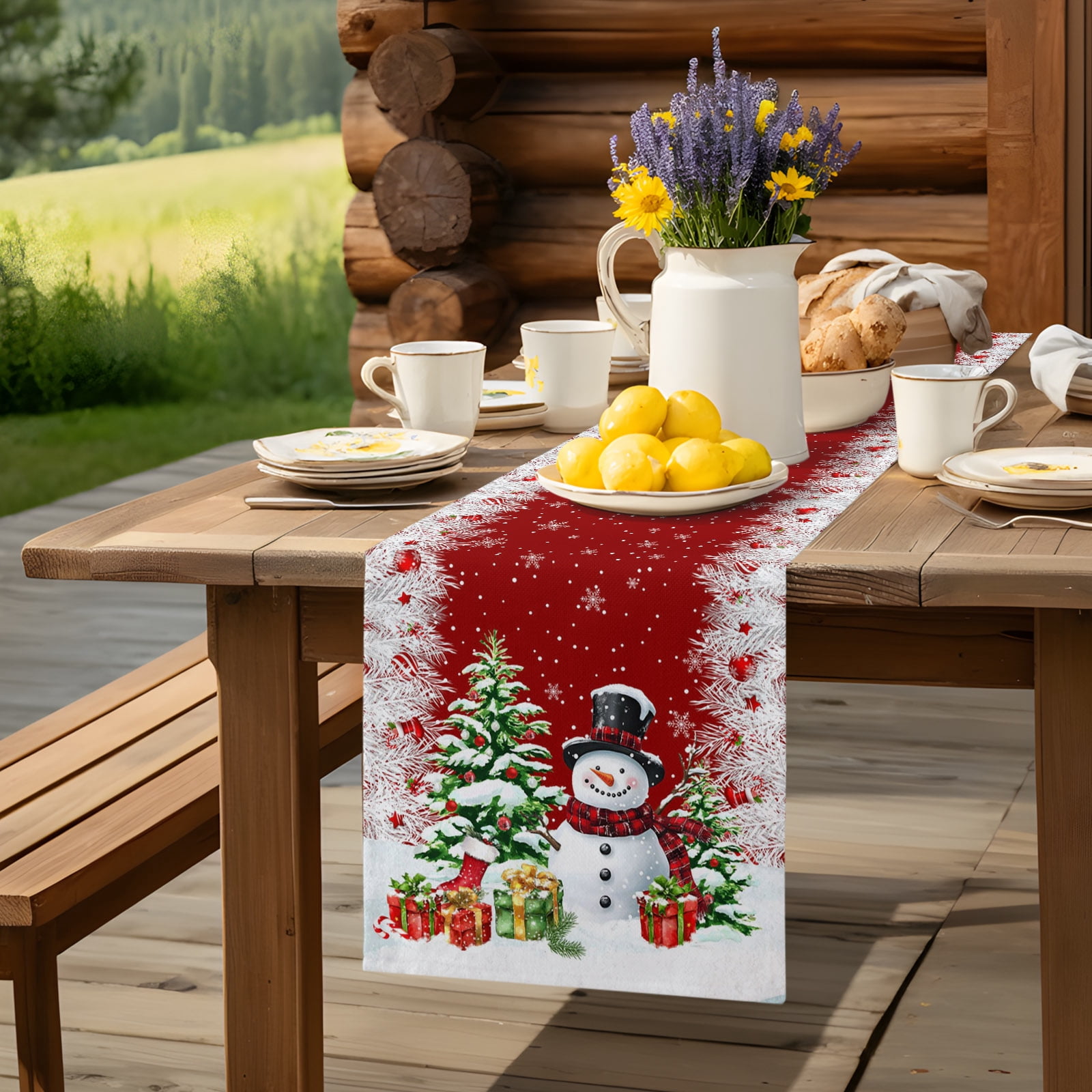 Christmas Tree Snowman Table Runner 13x90in Non-Slip Cotton Linen Table ...