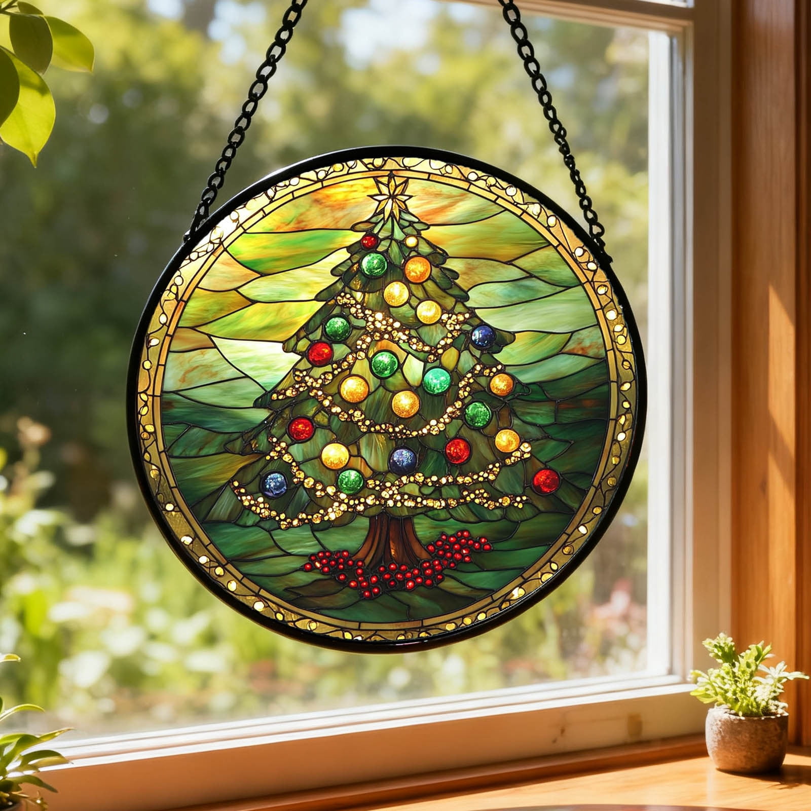 Christmas Tree Stained Glass Window Hanging, 7.9" Colorful Xmas Tree Sun Catcher Glass Panel ...