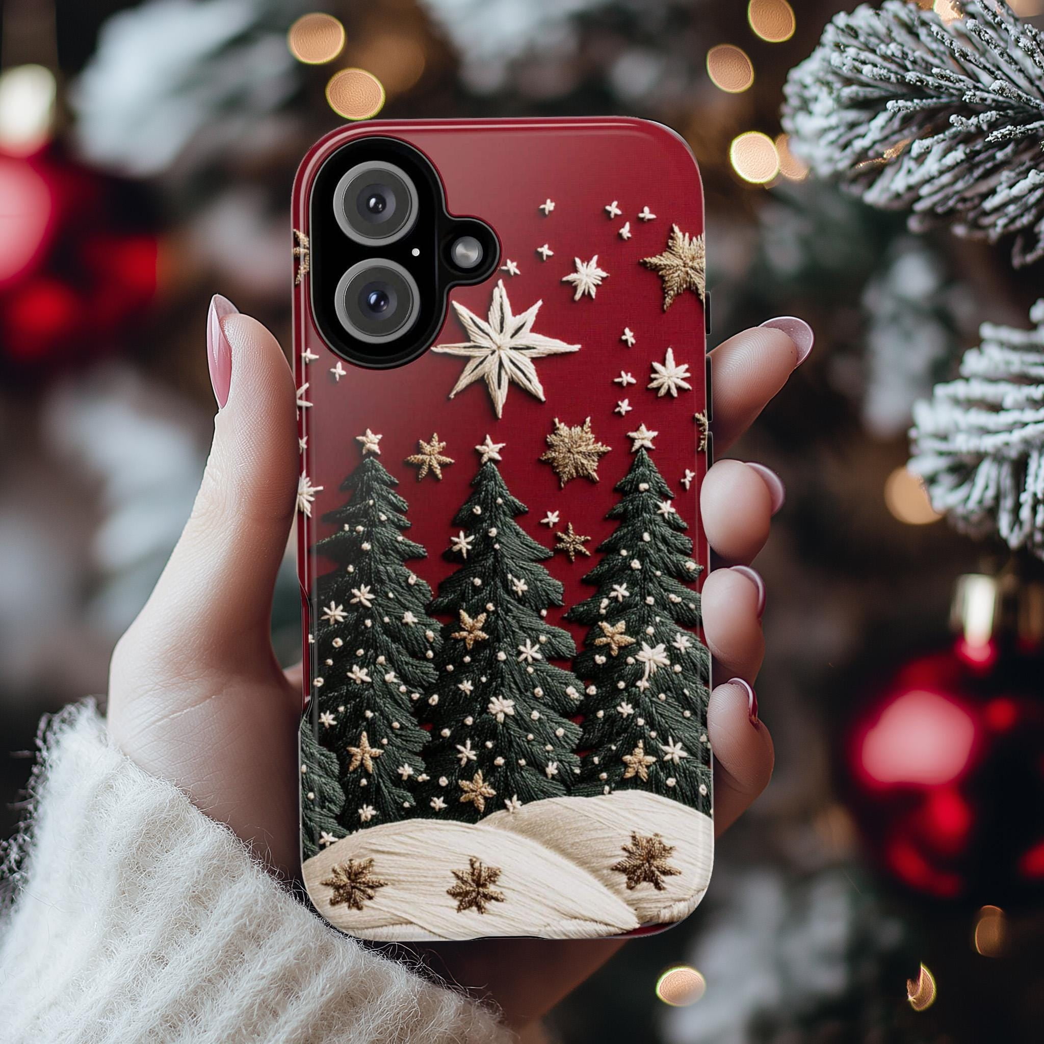 Christmas Tree Star Embroidered Winter Holiday Phone Case for iPhone 17 ...