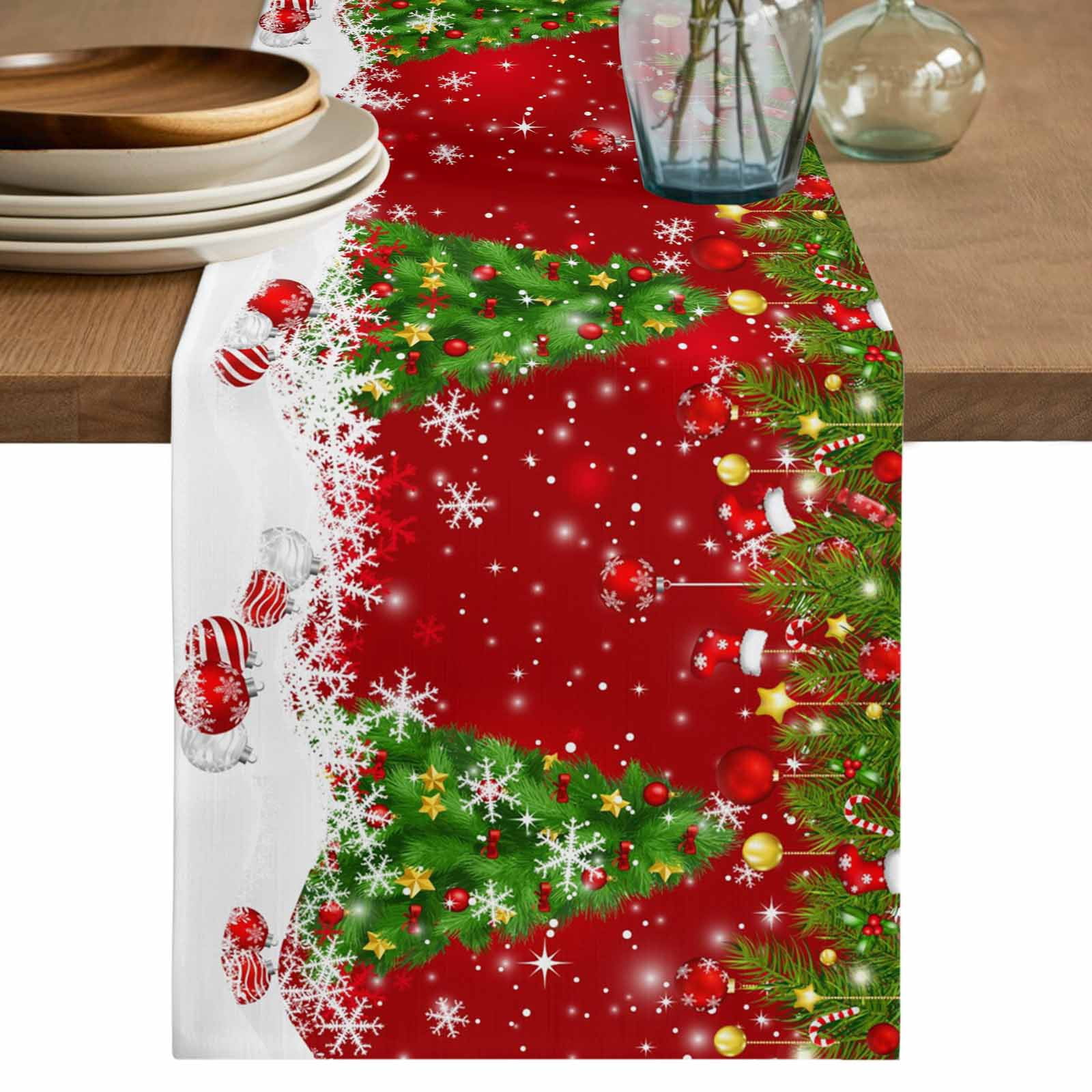 Christmas Tree Table Runner 108 Inches, Red Winter Pine Branches Balls ...