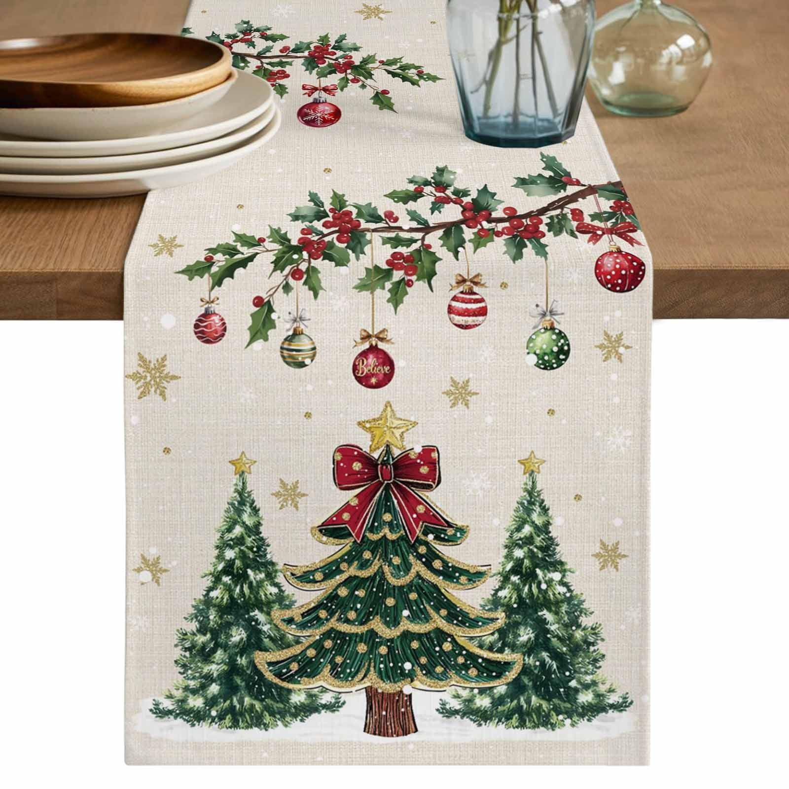 Christmas Tree Table Runner 120 Inches, Country Winter Ball Berry Gold Snowflakes Bed Runner ...