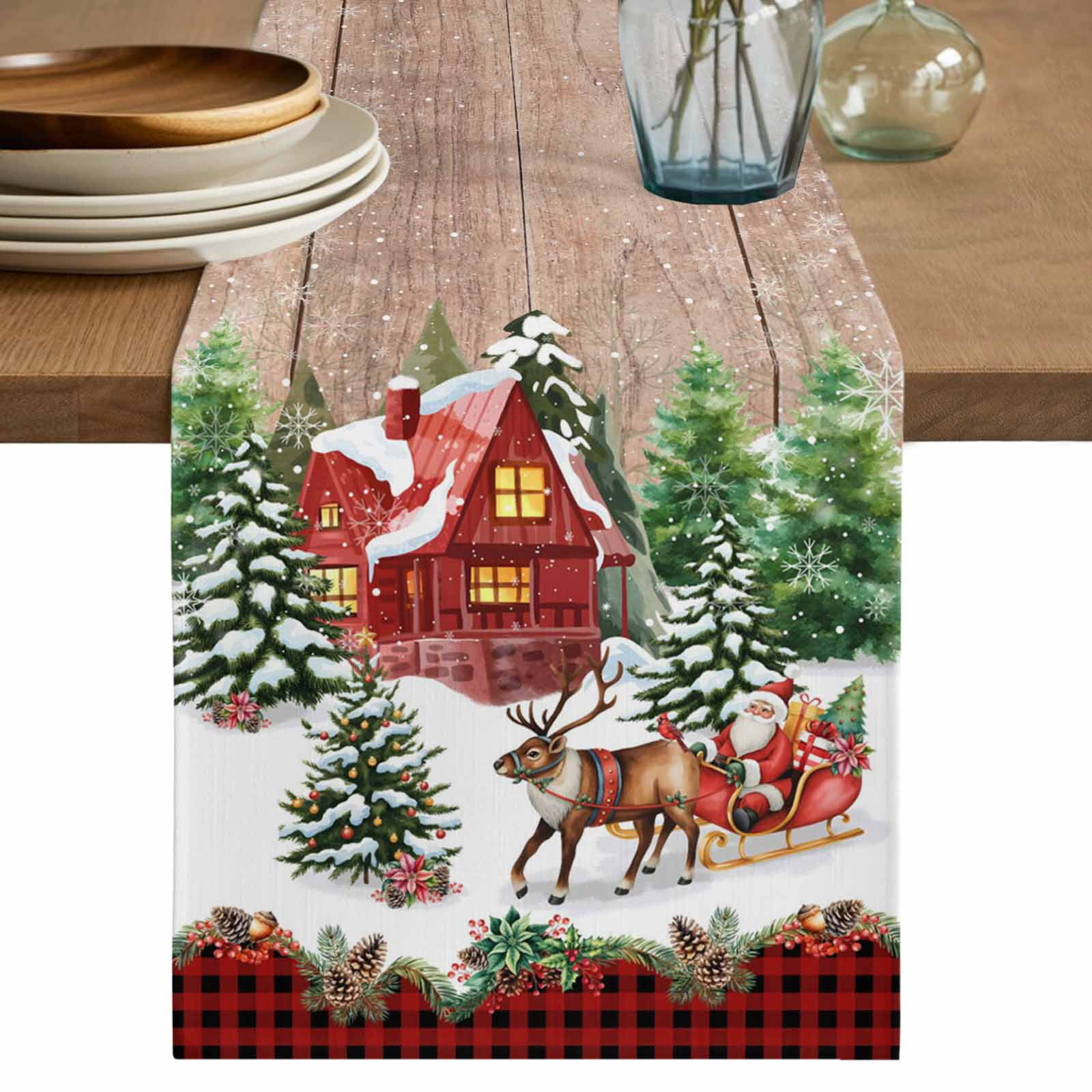 Christmas Tree Table Runner 120 Inches, Santa Claus Reindeer Forest ...