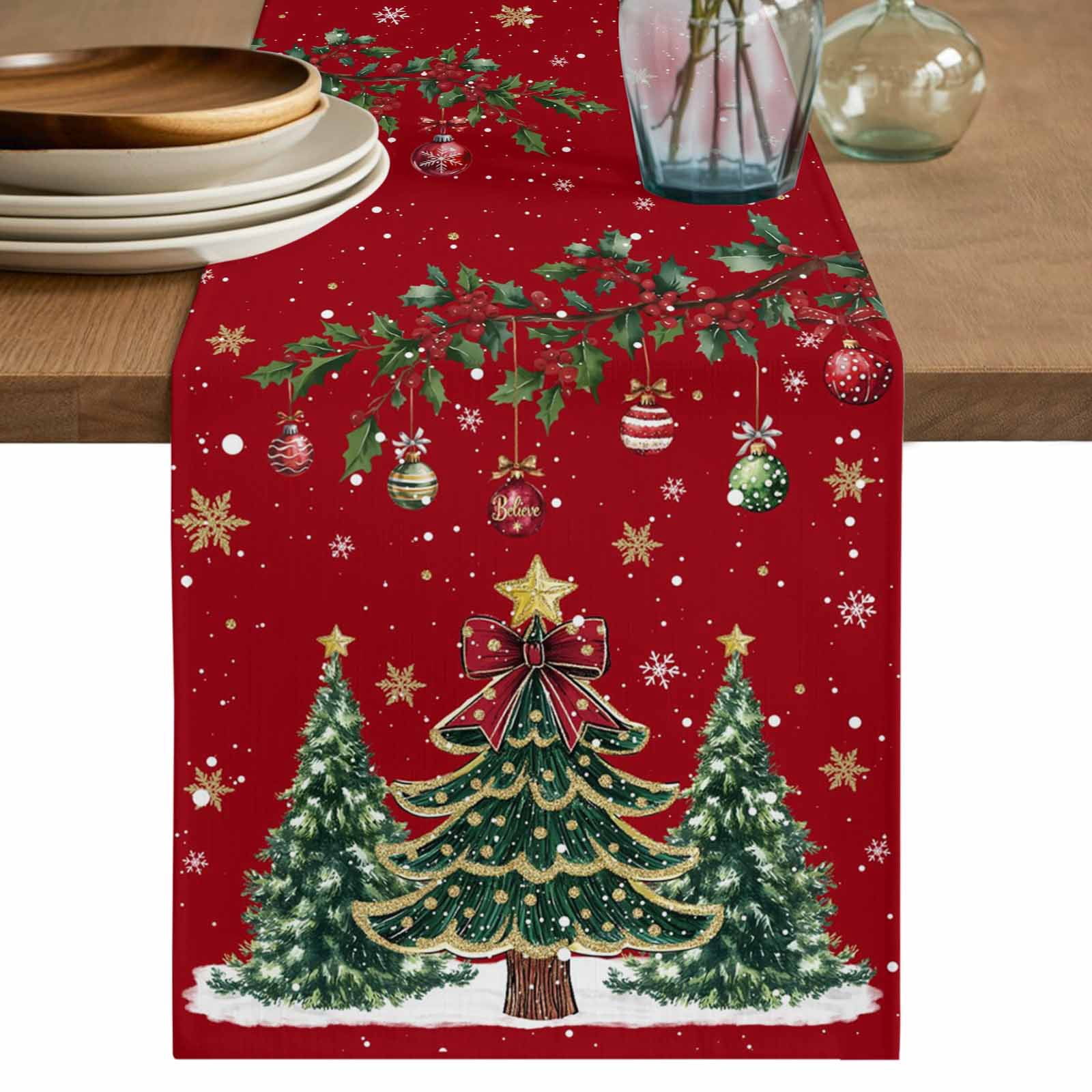 Christmas Tree Table Runner 36 Inches, Red Winter Xmas Ball Berry ...