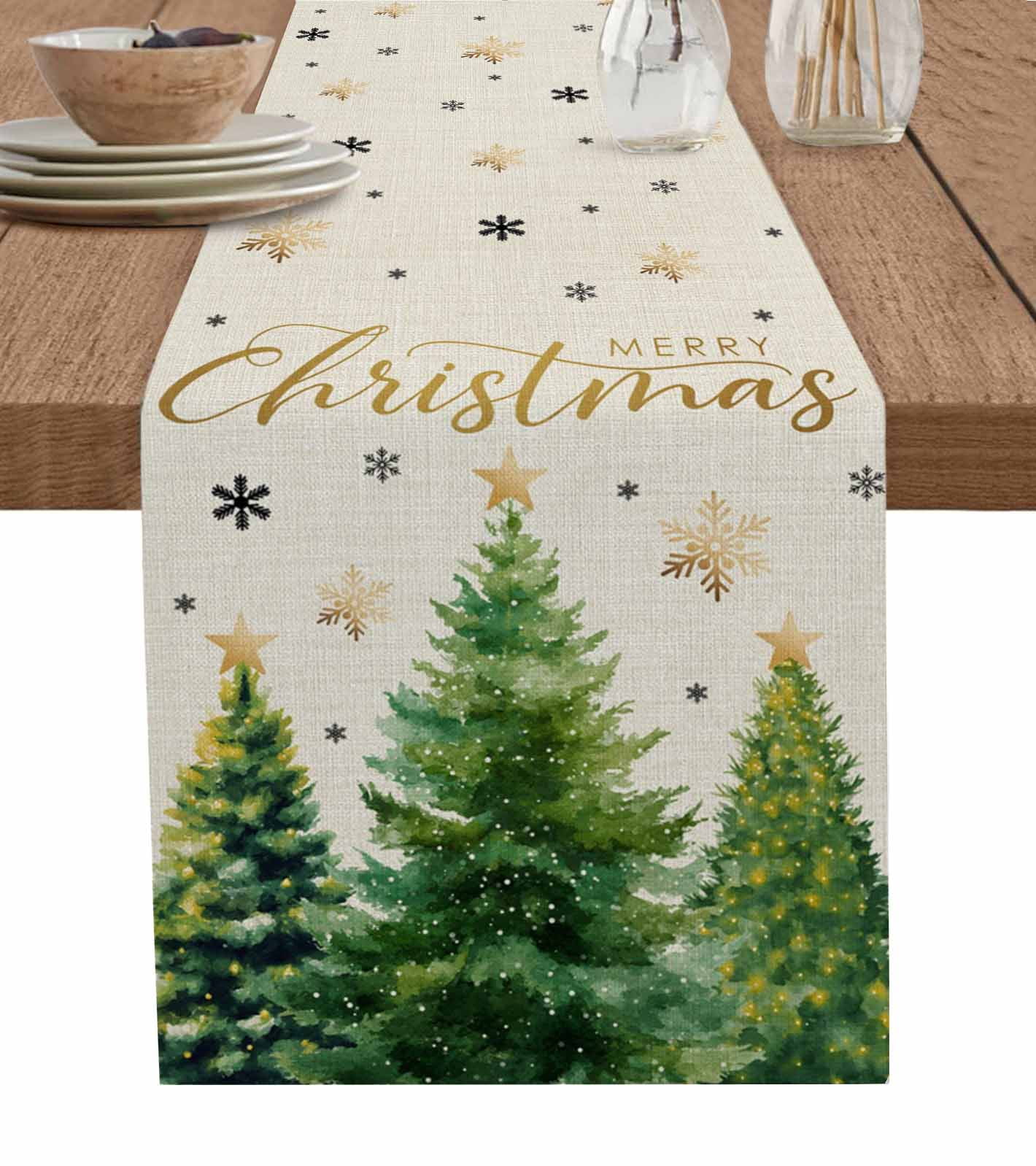 Christmas Tree Table Runner 36 Inches, Winter Snowflakes Xmas Pine Tree ...