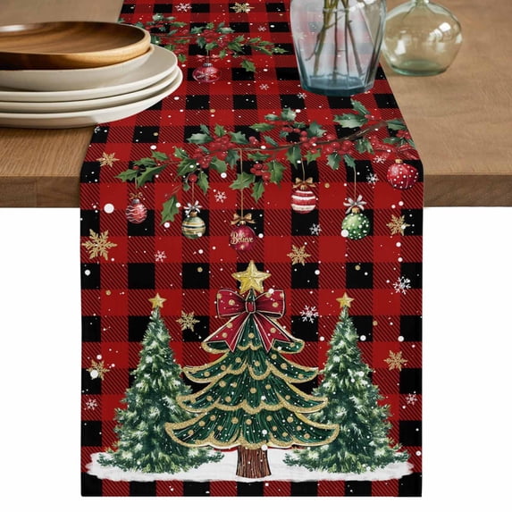 Christmas Tree Table Runner 48 Inches, Winter Xmas Ball Snowy Red Black ...