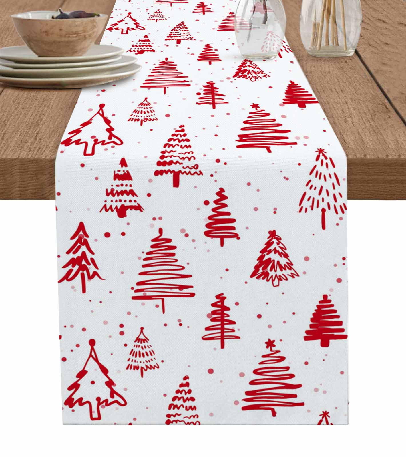 Christmas Tree Table Runner 60 Inches, Xmas Red Cartoon Tree Snowflakes ...