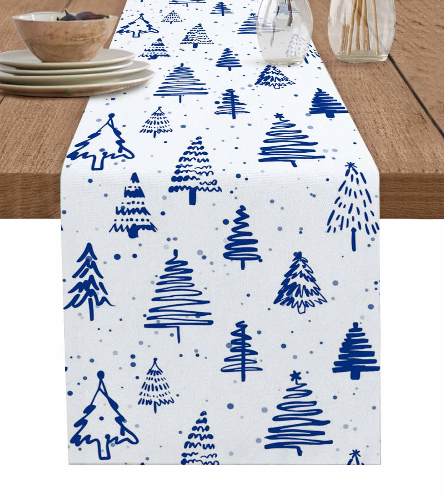Christmas Tree Table Runner 72 Inches, Xmas Blue Cartoon Tree ...