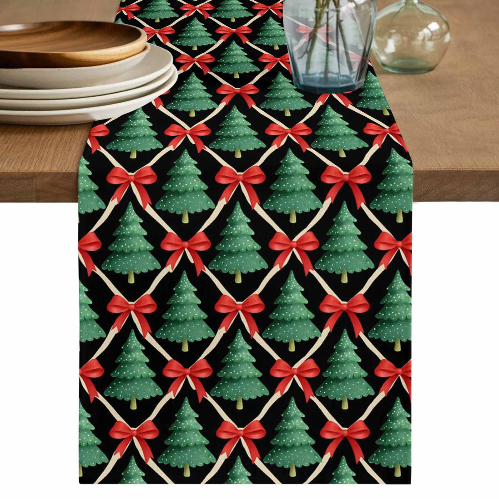 Christmas Tree Table Runner 72 Inches, Xmas Pine Tree Red Bow Winter ...